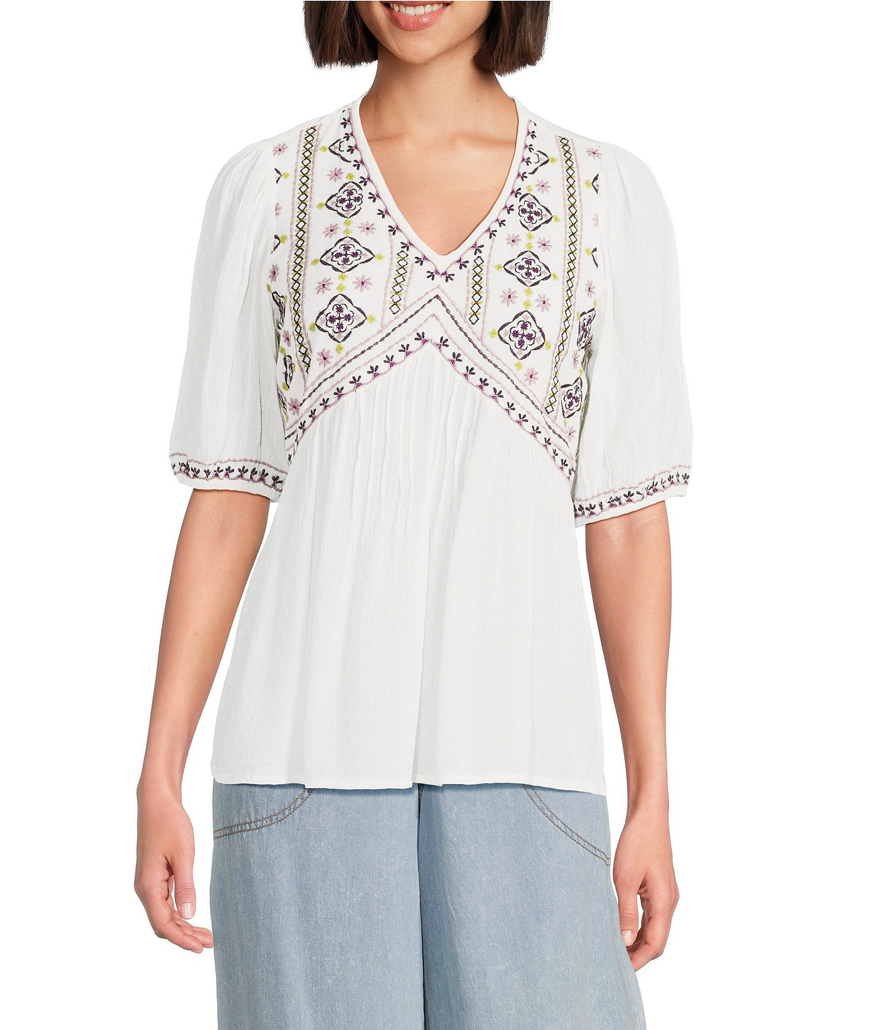 Nurture Embroidered V-Neck Elbow Puff Sleeve Top | Dillard's
