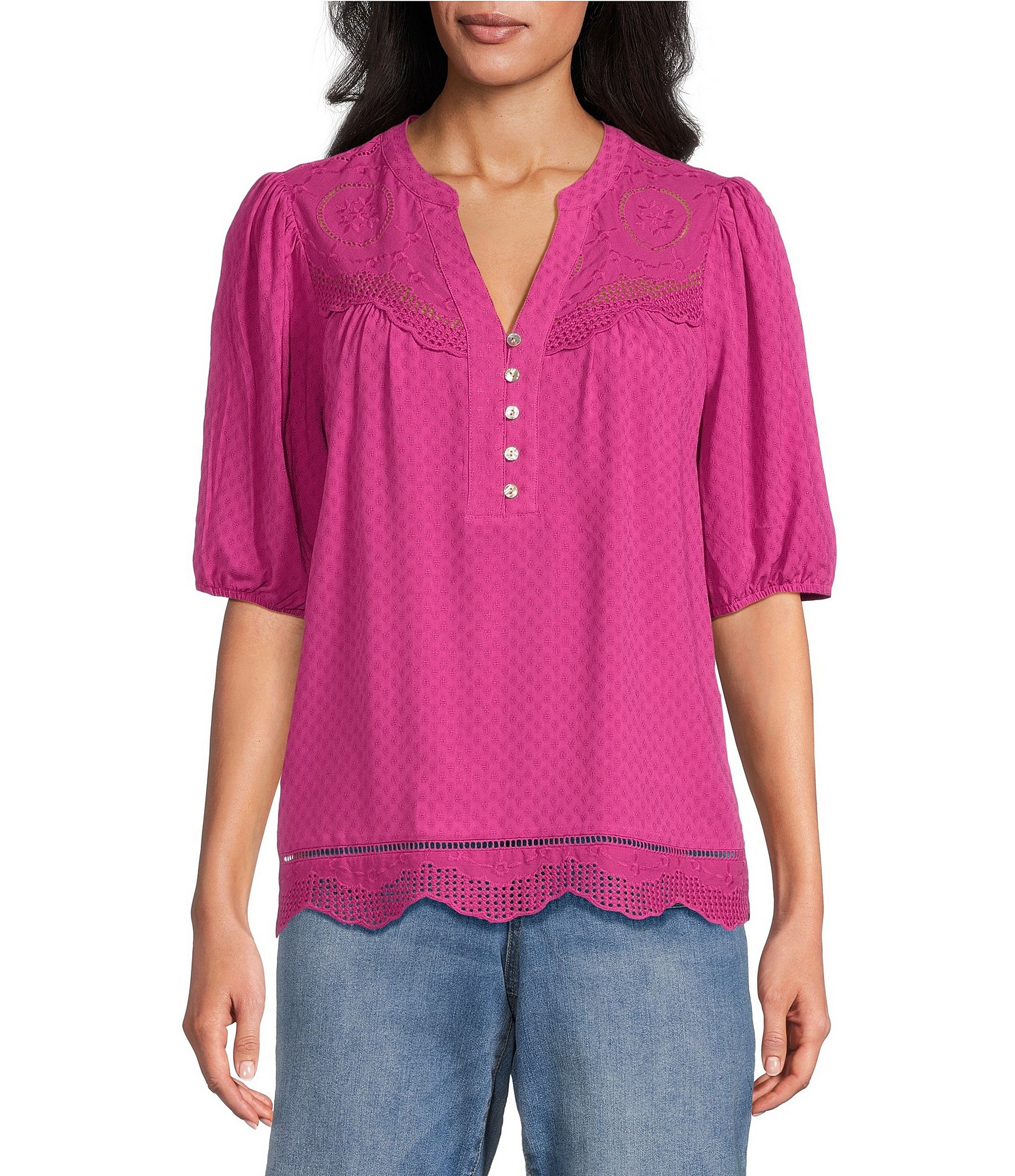 Nurture Mixed Media Pattern Elbow Puff Sleeves Top | Dillard's