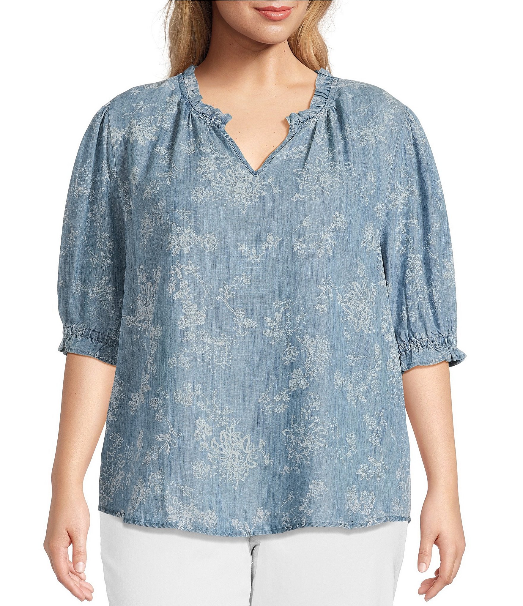 Nurture Plus Size Notch Neck Elbow Sleeve Ruffled Top | Dillard's