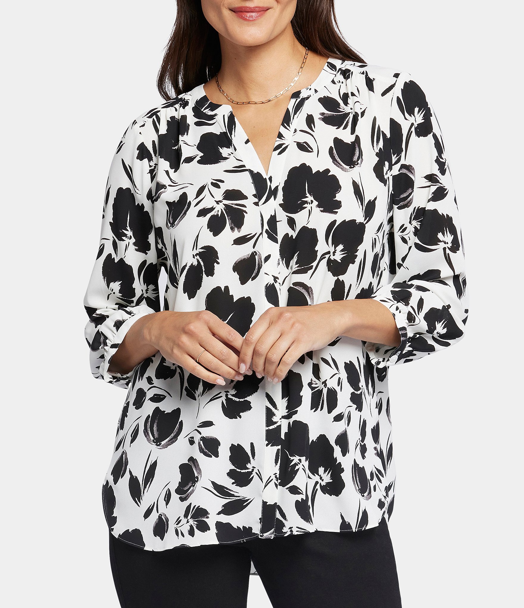 Nydj Pintuck Woven Billowy Split Round Neckline Pleated Blouse Dillards