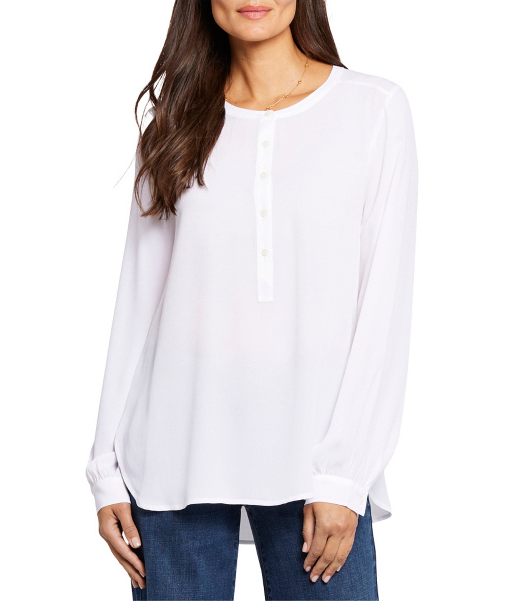NYDJ Simone Round Neck Button Front Long Gathered Cuff Sleeve Blouse ...