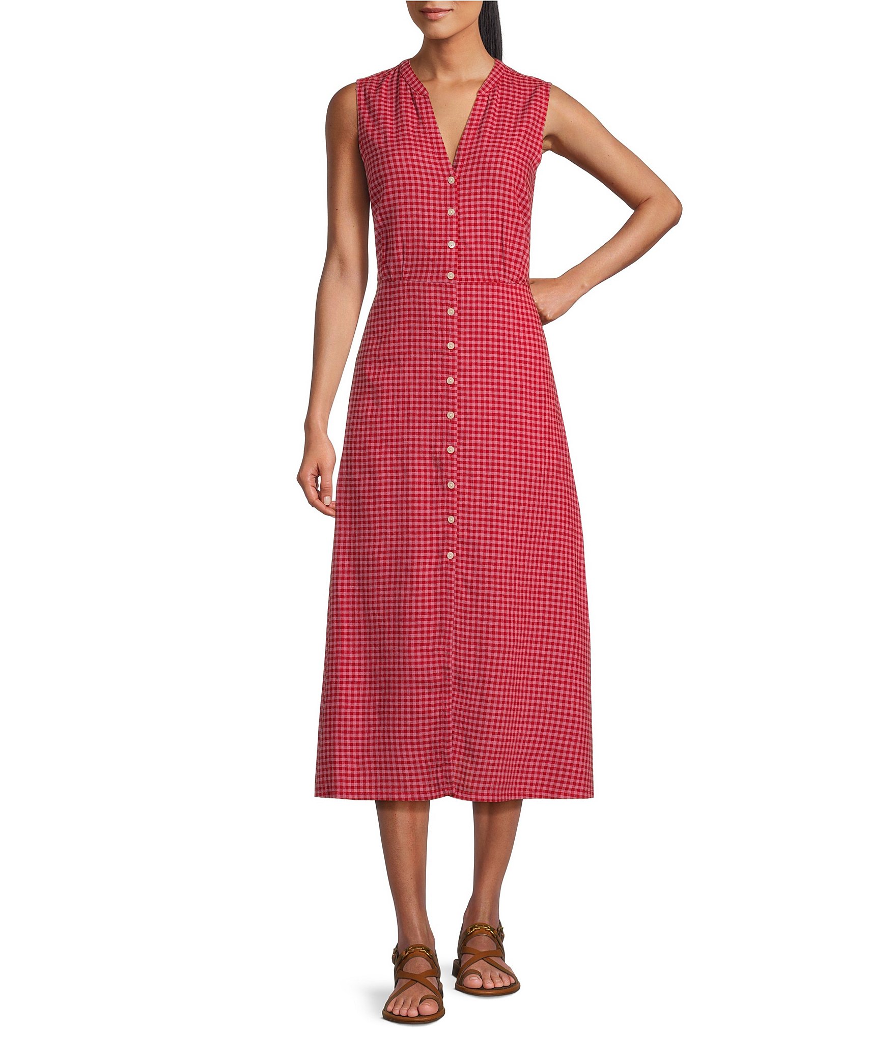 Pendleton Lana Check Linen Blend Sleeveless Button Front Midi Dress ...