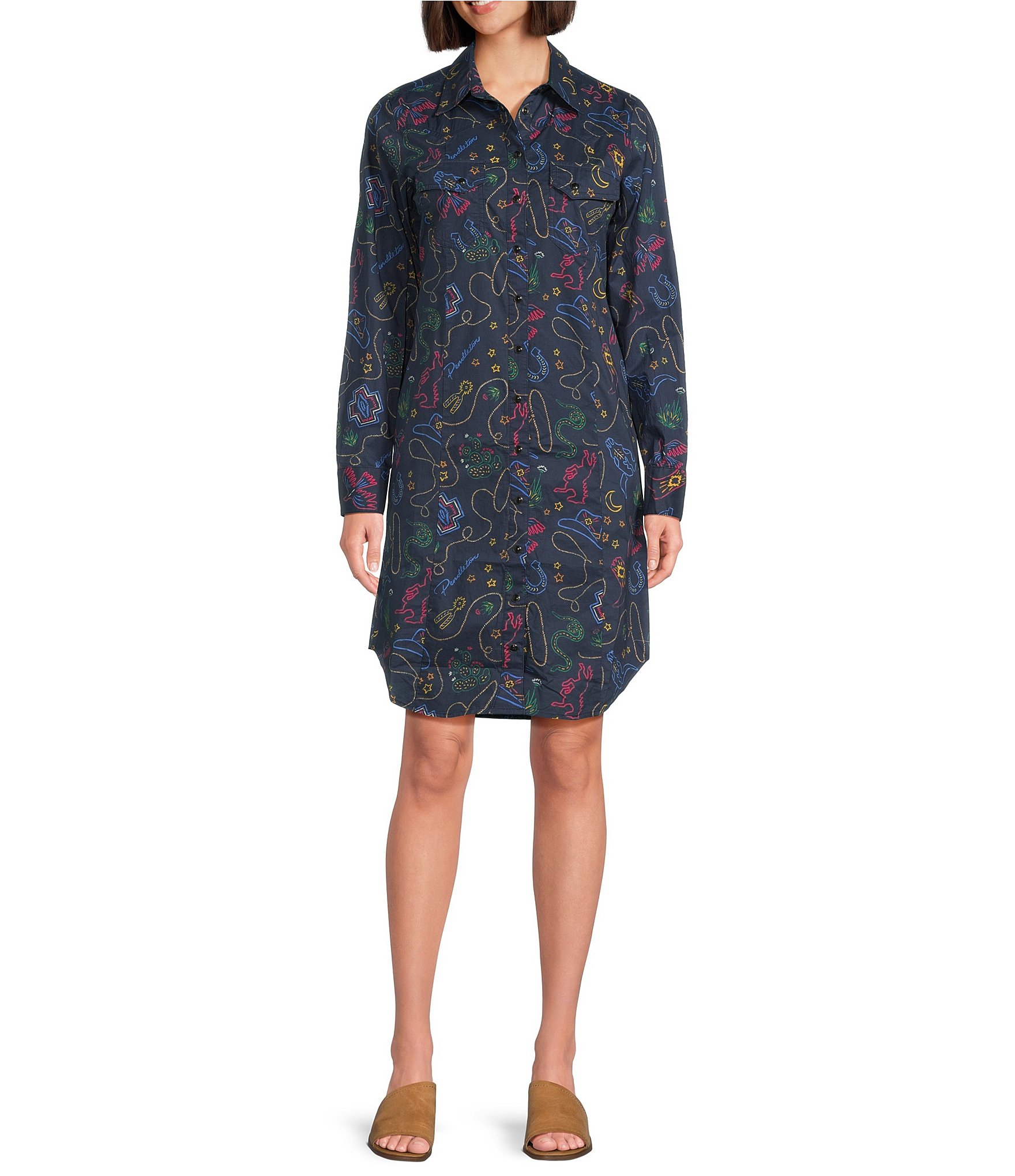 Pendleton Printed Point Collar Long Sleeve Poplin Shirt Dress | Dillard's