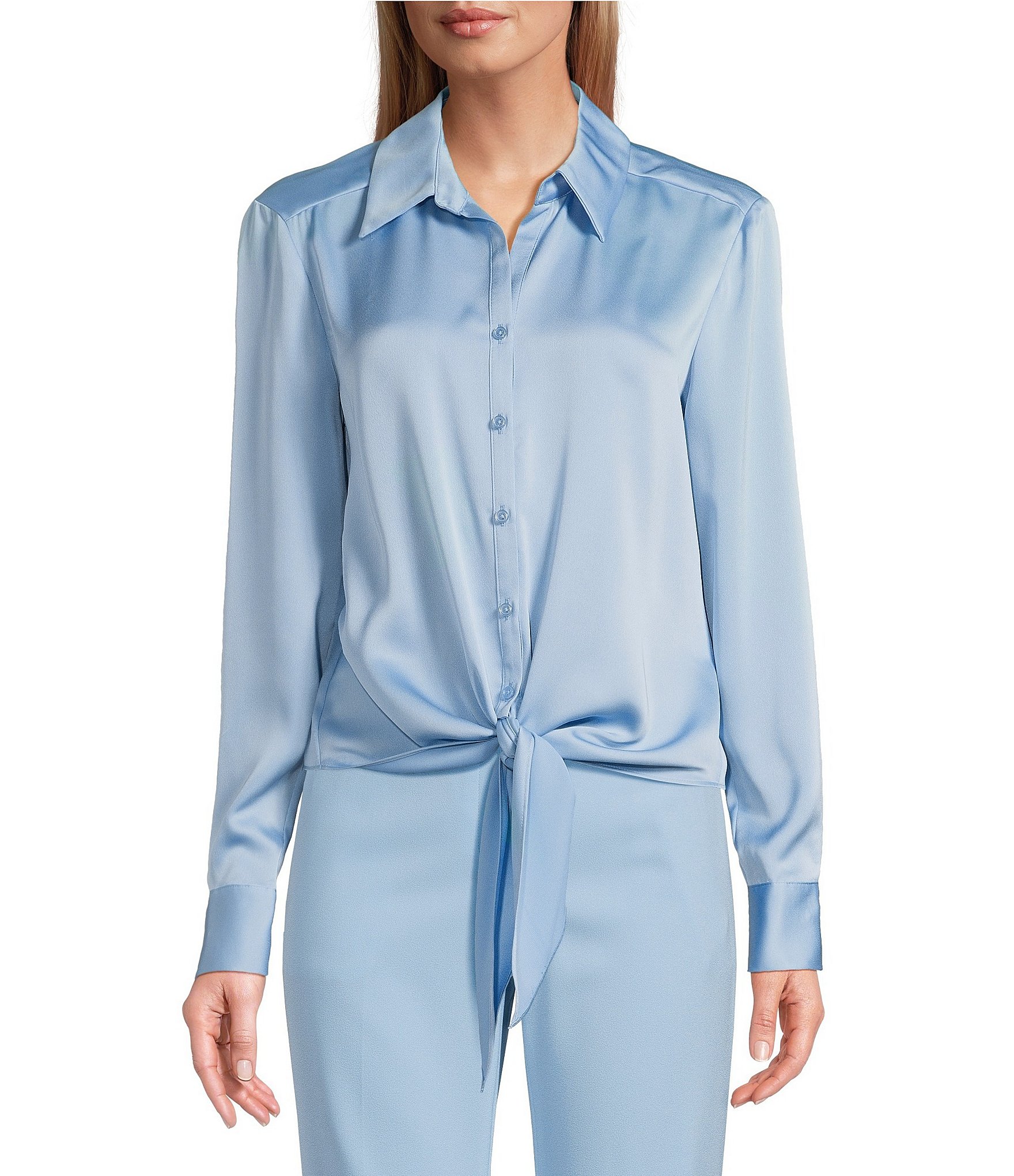 Preston & York Kinsley Tie Hem Button Front Collar Long Sleeve Fabric ...