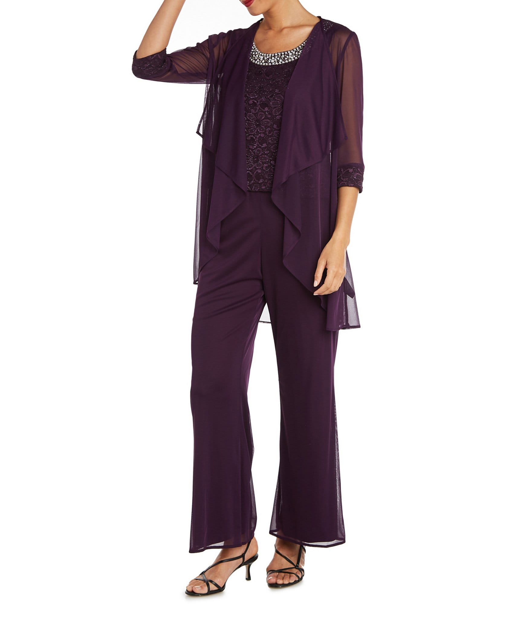 R And M Richards Floral Glitter Lace Flyaway Beaded Scoop Neck 3 4 Sleeve