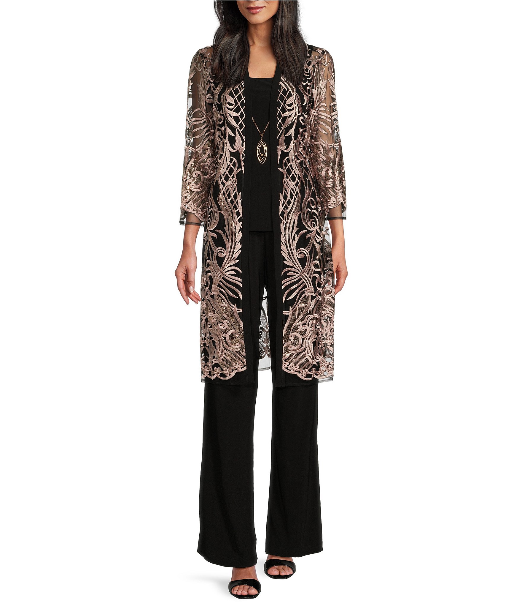 R & M Richards 3/4 Sleeve Round Neck Embellished Sequin Duster Jacket 3 ...