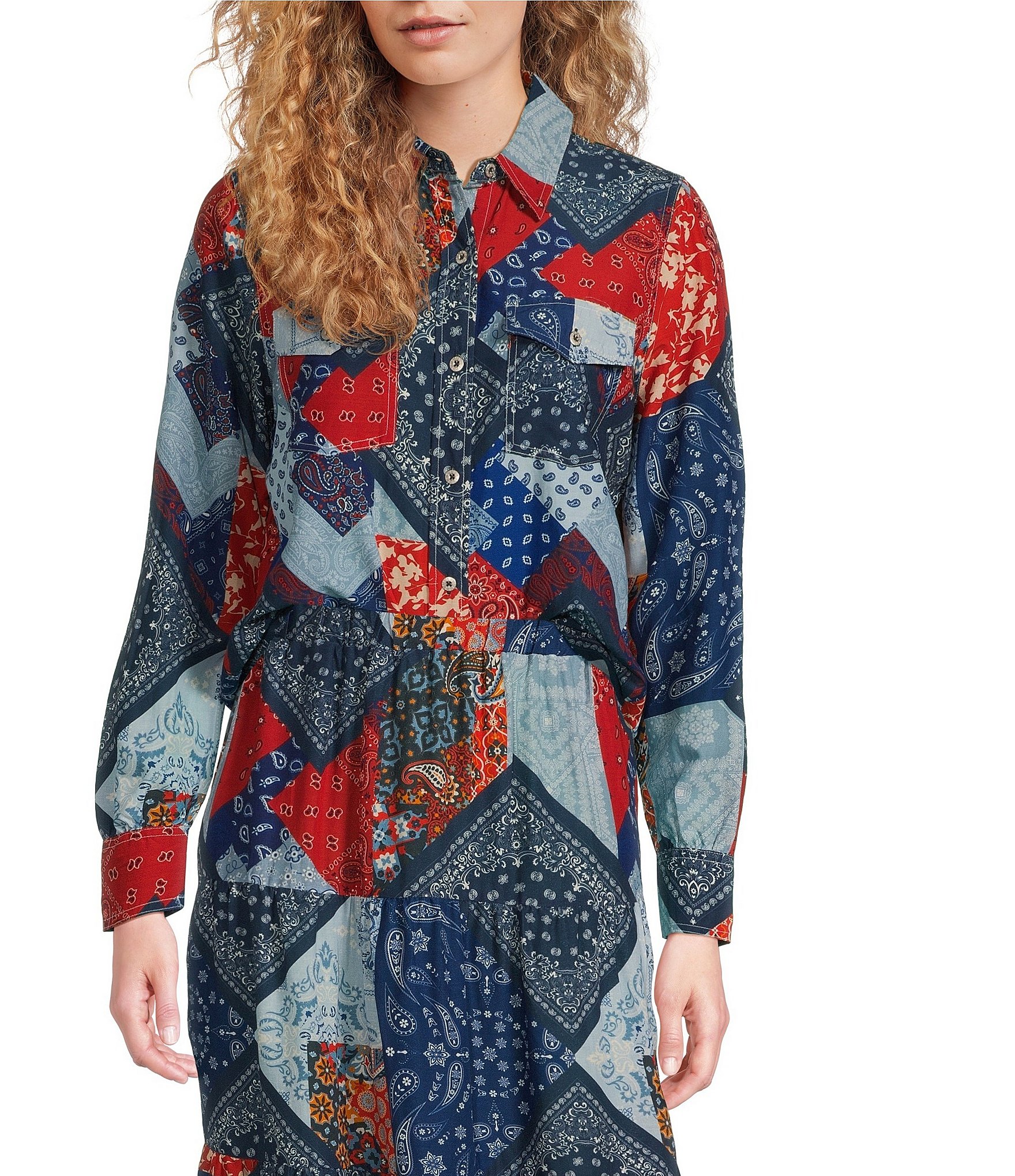 Reba Wyatt Patchwork Coordinating Point Collar Long Sleeve Button Front ...