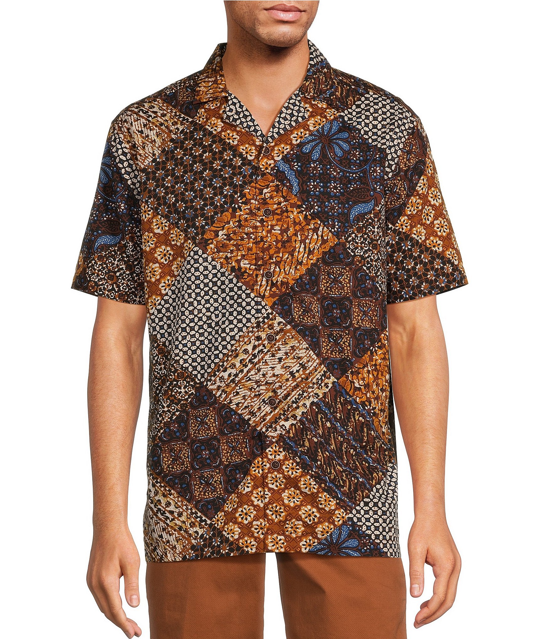 Roundtree & Yorke Short Sleeve Printed Patchwork Slub Camp Sport Shirt ...