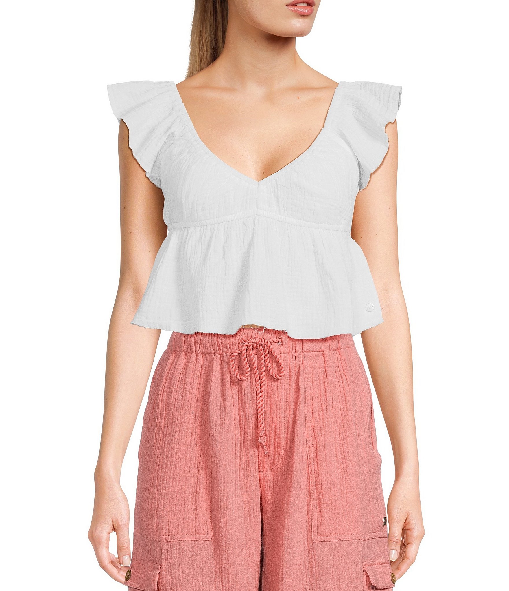 Roxy Brisa Flutter Sleeve Woven Peplum Crop Top | Dillard's