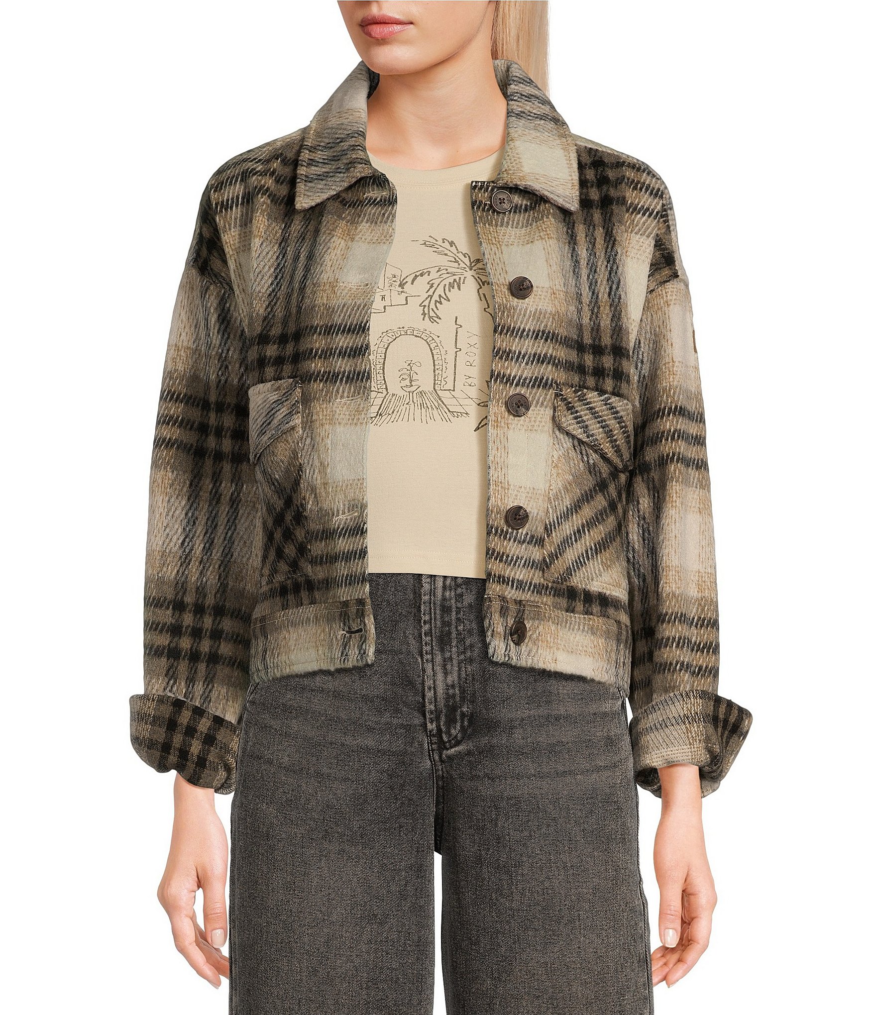 Roxy Long Sleeve Township Dark Plaid Wool Blend Cropped Shacket | Dillard's