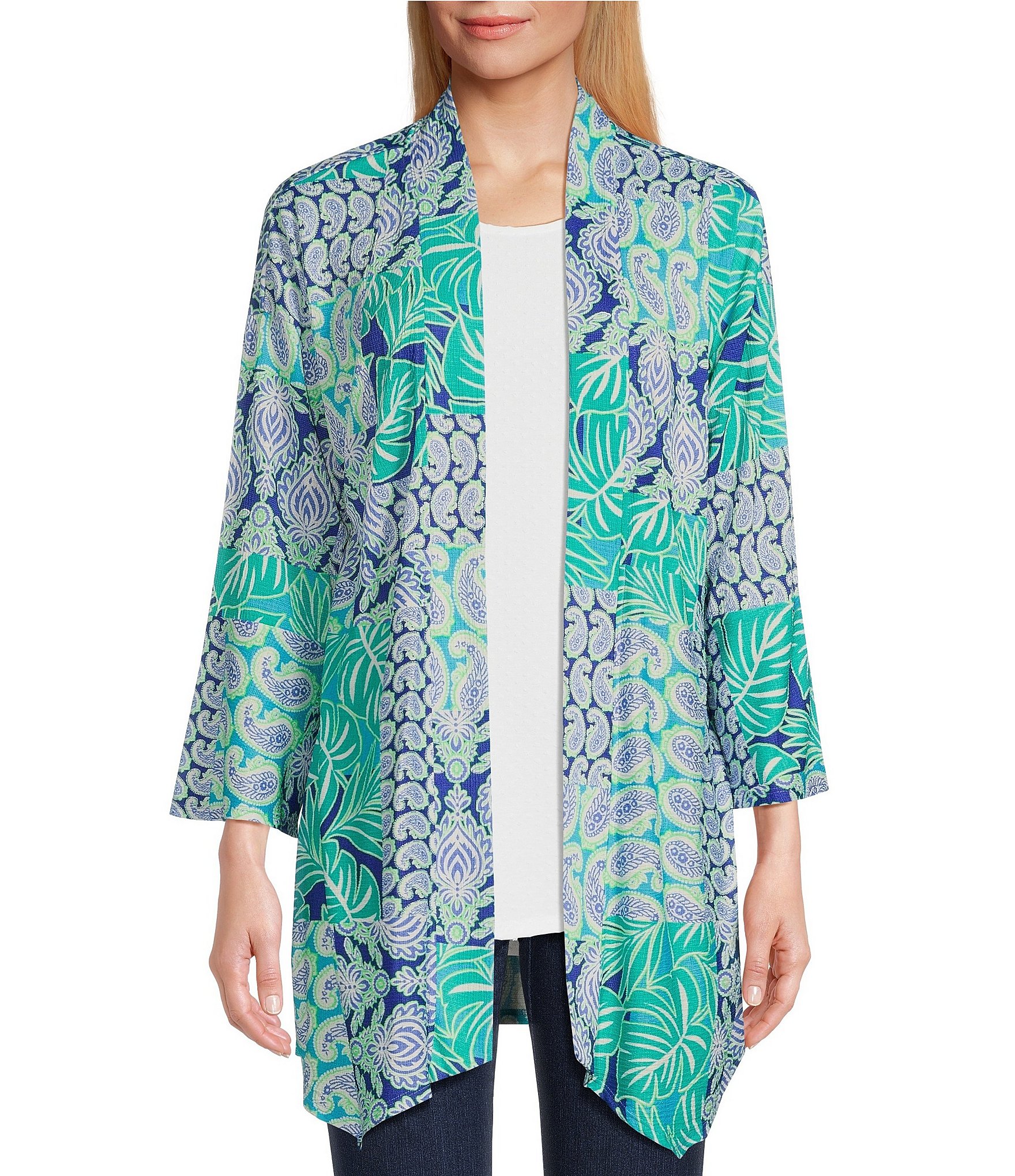 Ruby Rd. Bali Patchwork Print Shawl Collar Long Sleeve Open-Front ...