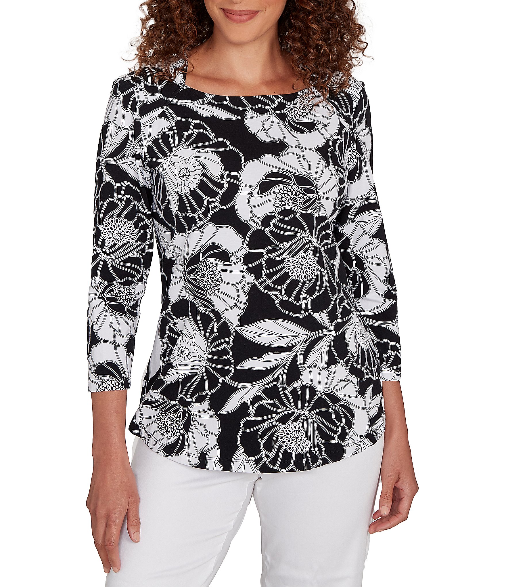 Ruby Rd. Bold Floral Envelope Neck 3/4 Sleeve Top | Dillard's