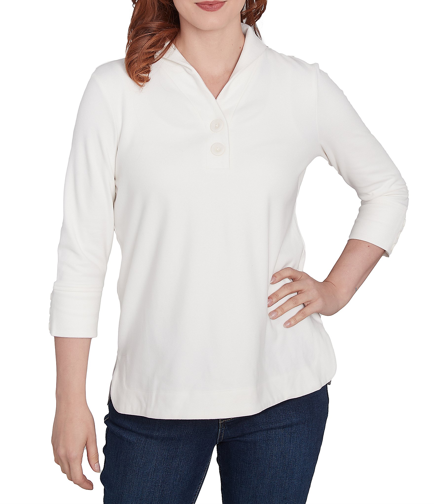 Ruby Rd. Collared V-Neck 3/4 Sleeve Luxe Rib Knit Sweater | Dillard's