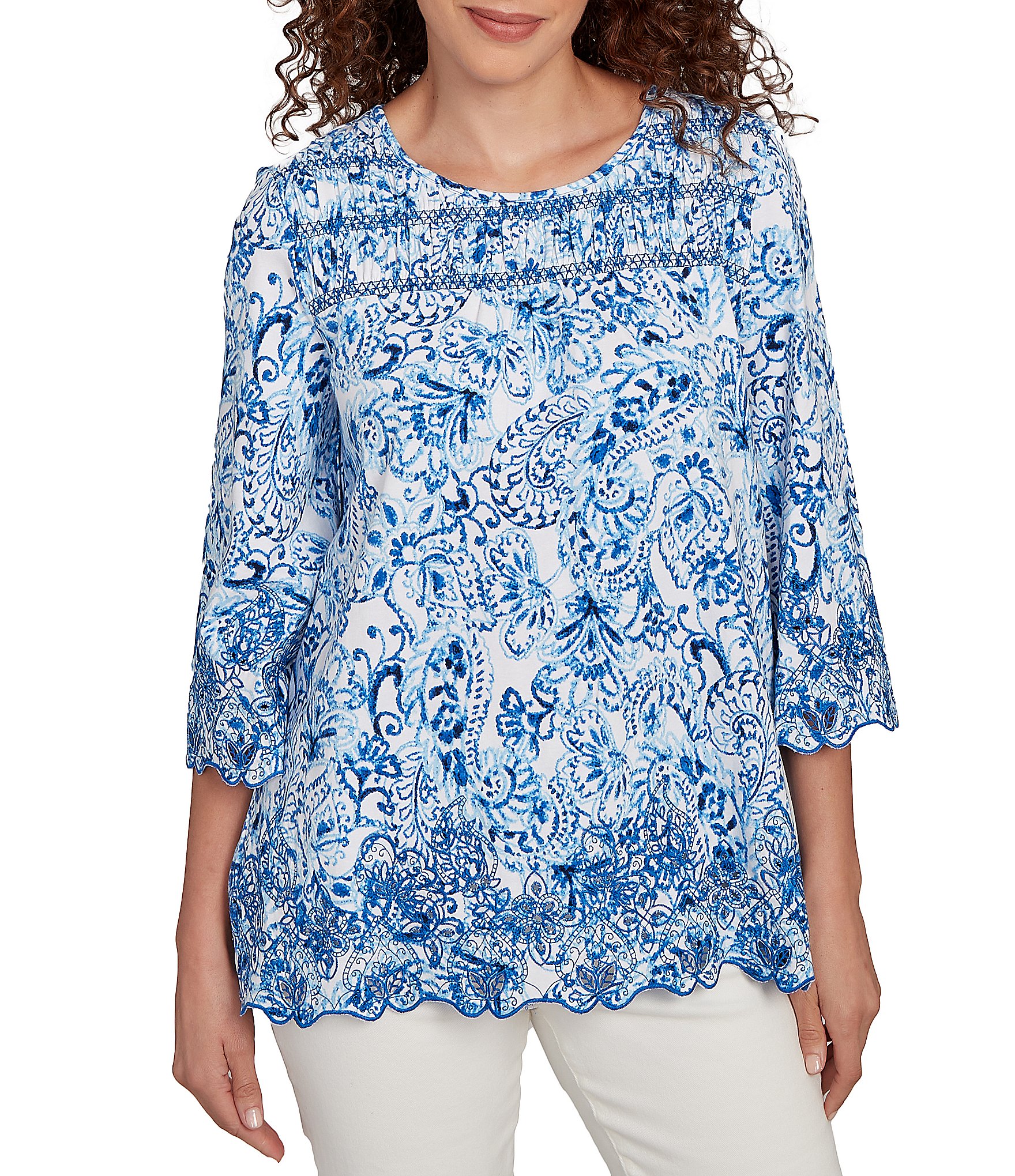 Ruby Rd. Cotton-Blend Embroidered Printed Scoop Neck 3/4 Sleeve Top ...