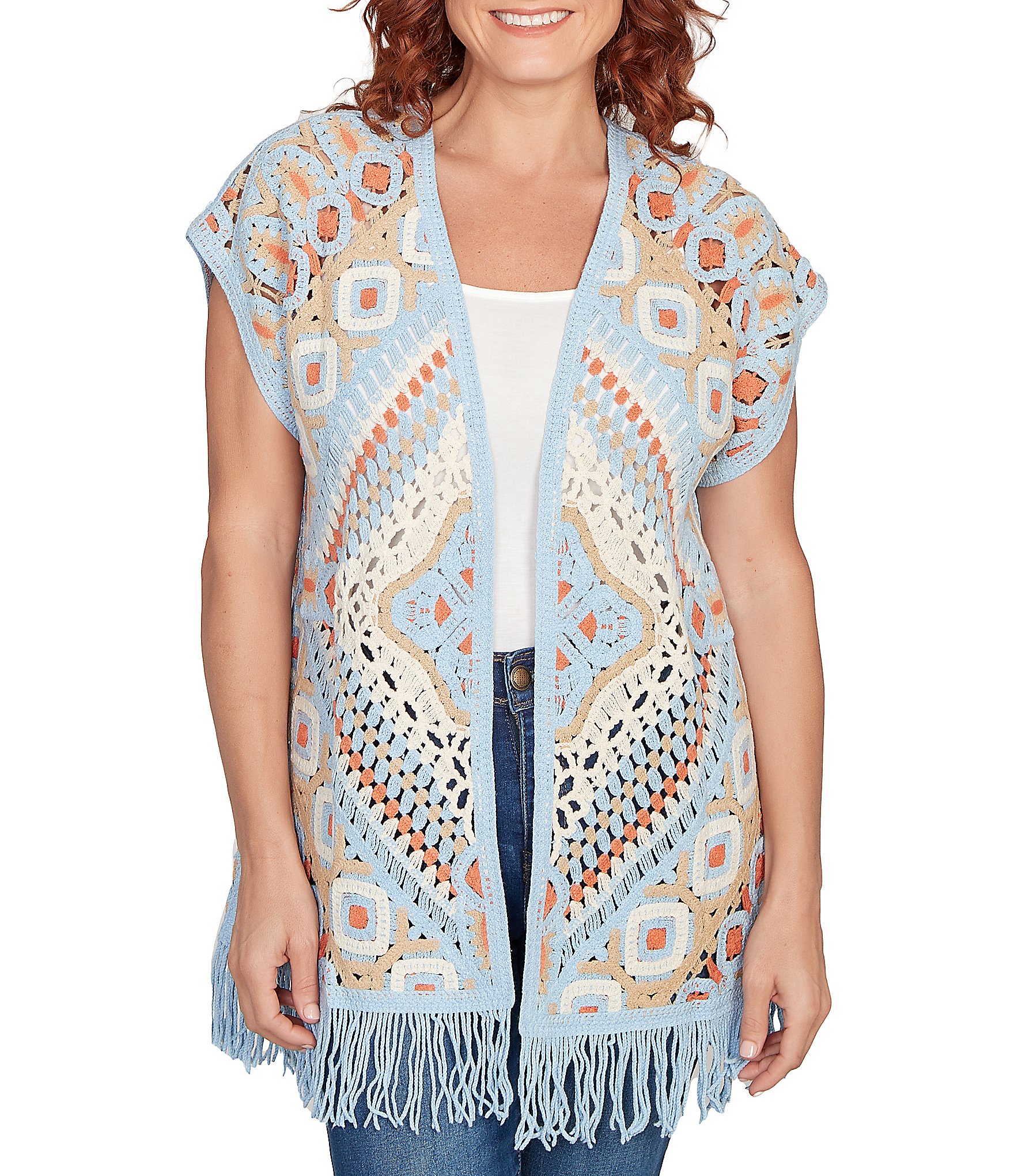 Ruby Rd. Crochet Geometric Cap Sleeve Open-Front Cardigan | Dillard's