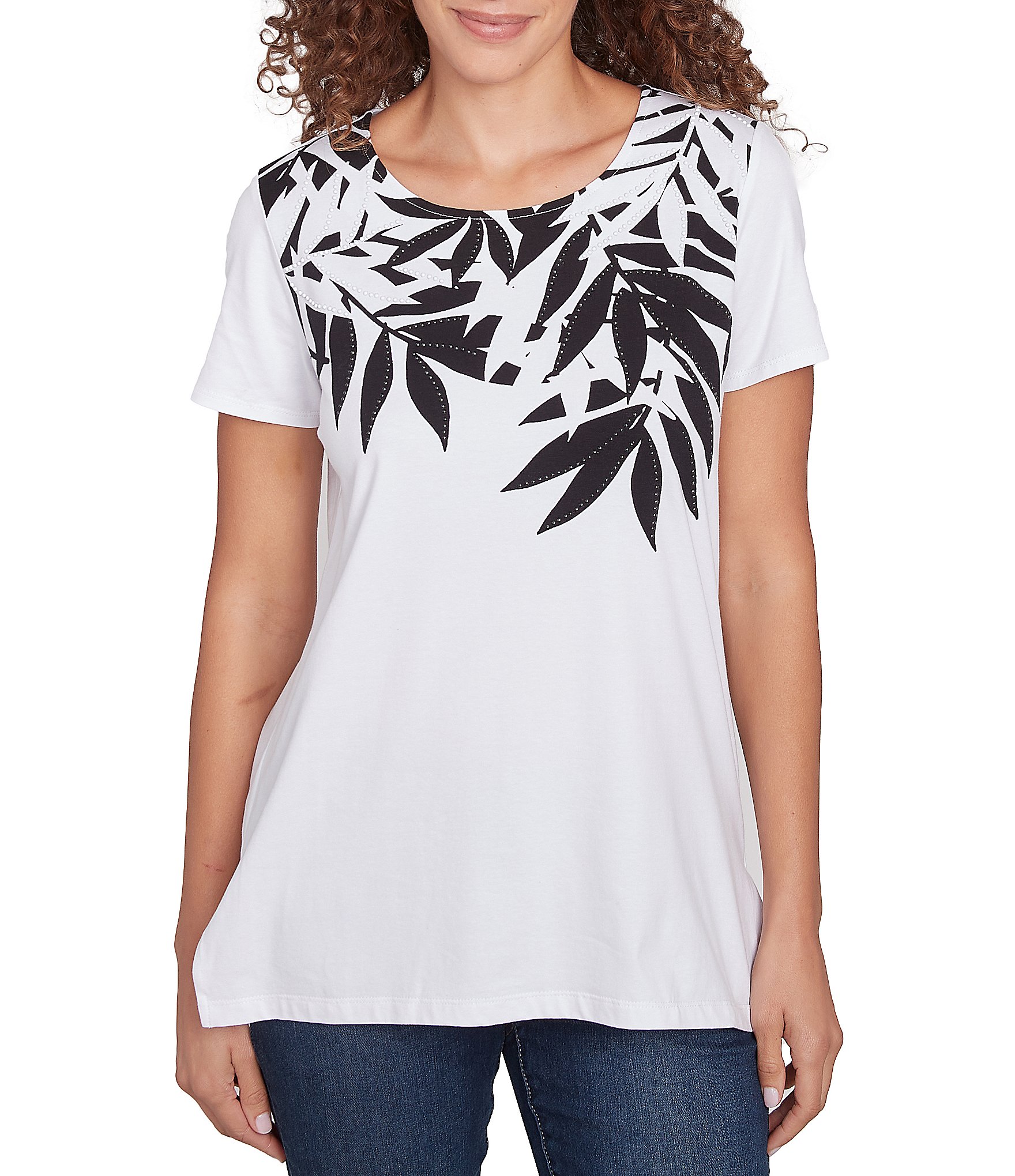Ruby Rd. Embellished Abstract Palm Print Crew Neck Short Sleeve T-Shirt ...