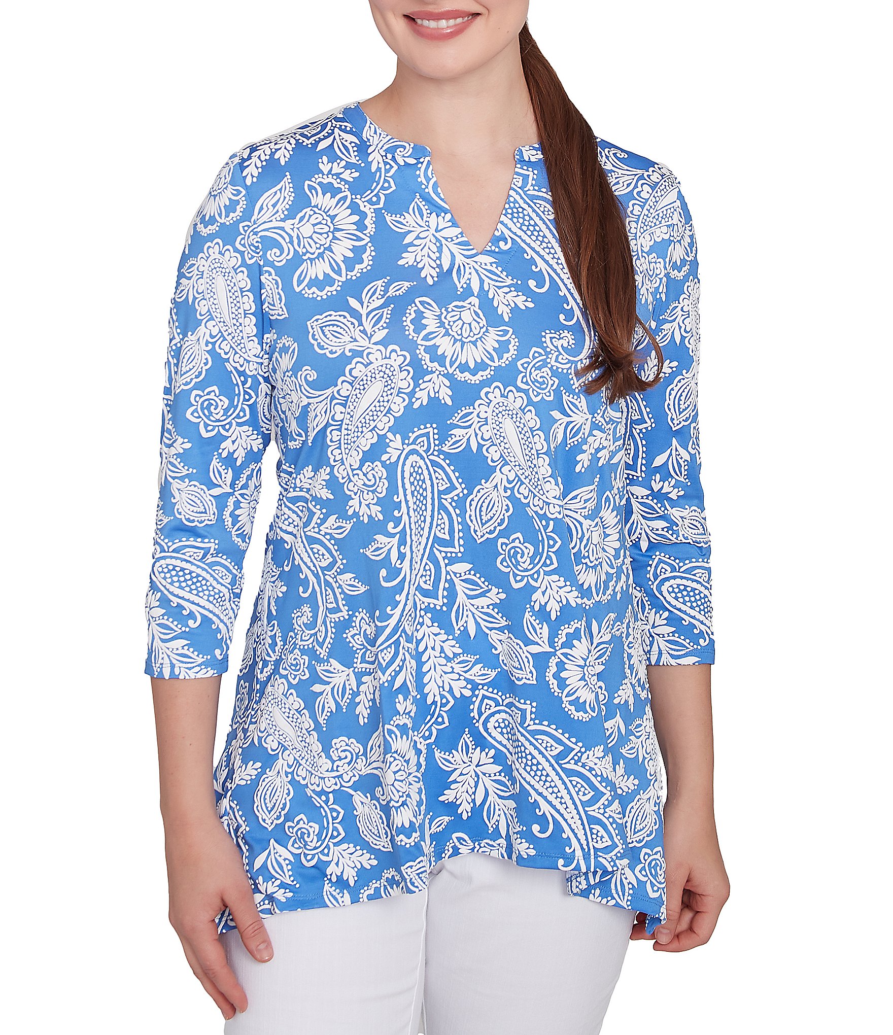 Ruby Rd. Jacobean Paisley Puff Split V-Neck 3/4 Sleeve Top | Dillard's