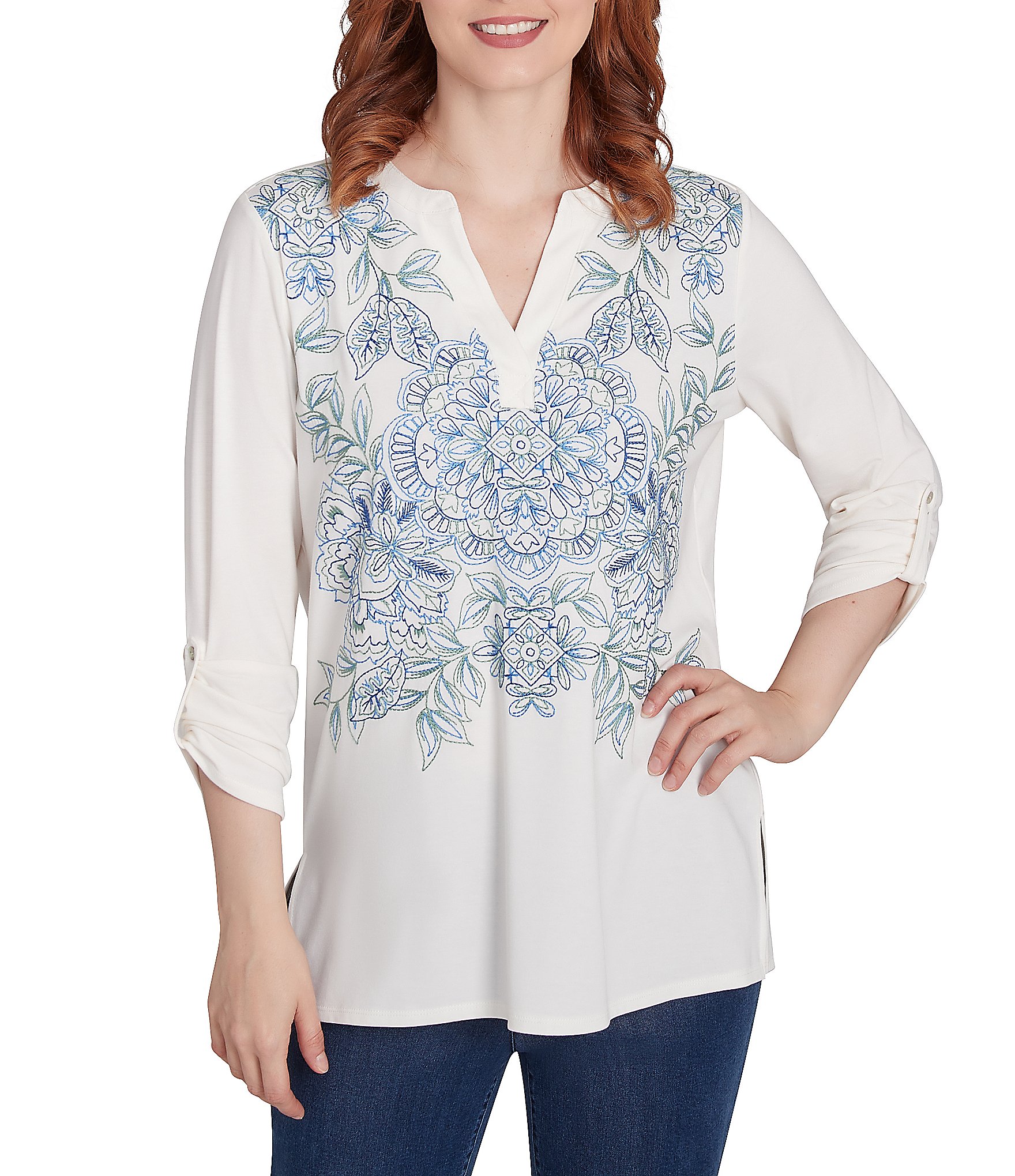 Ruby Rd. Embroidered Knit Split V-Neck 3/4 Roll-Tab Sleeve Top | Dillard's
