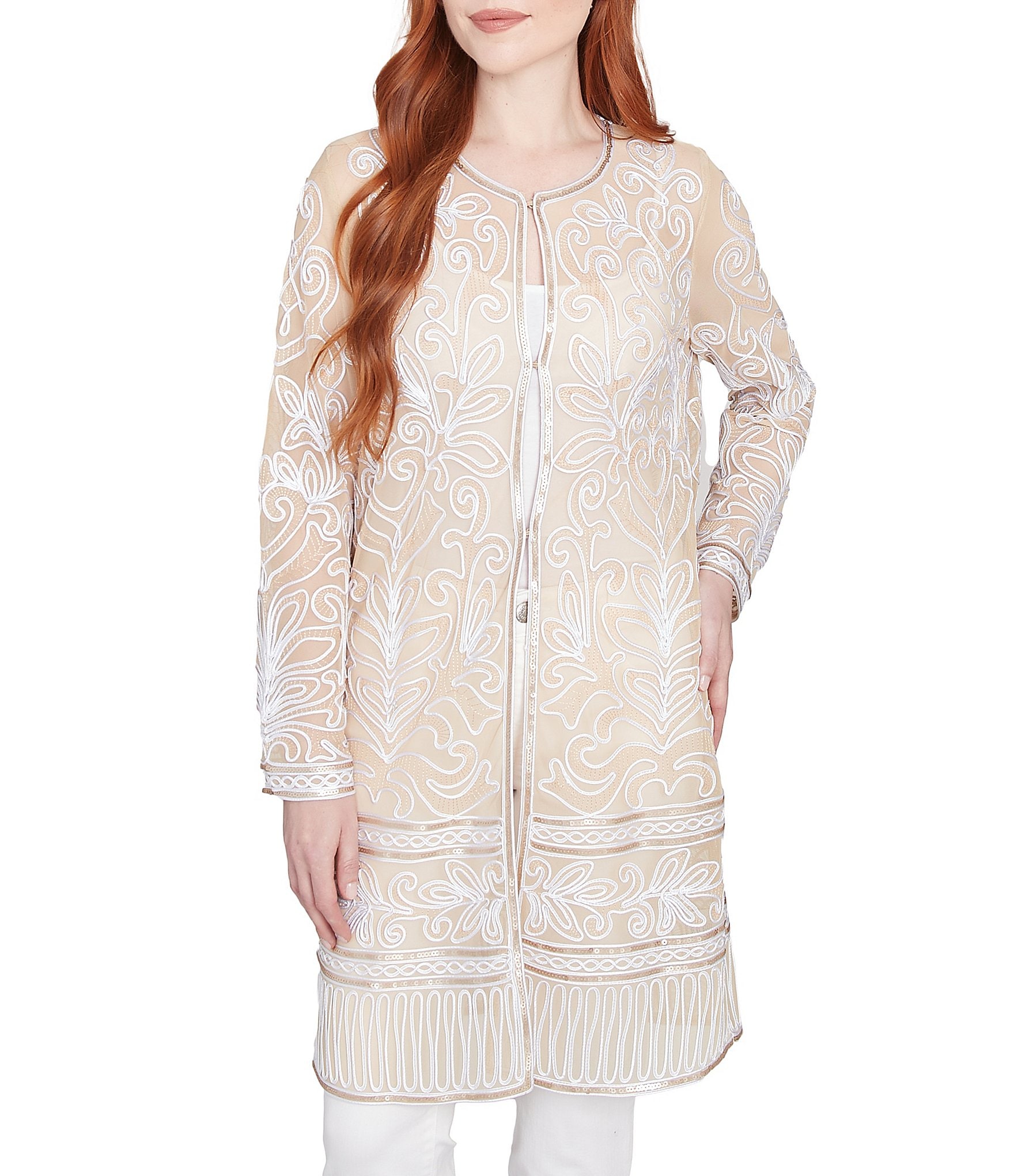 Ruby Rd. Embroidered Mesh Round Neck Long Sleeve Jacket | Dillard's