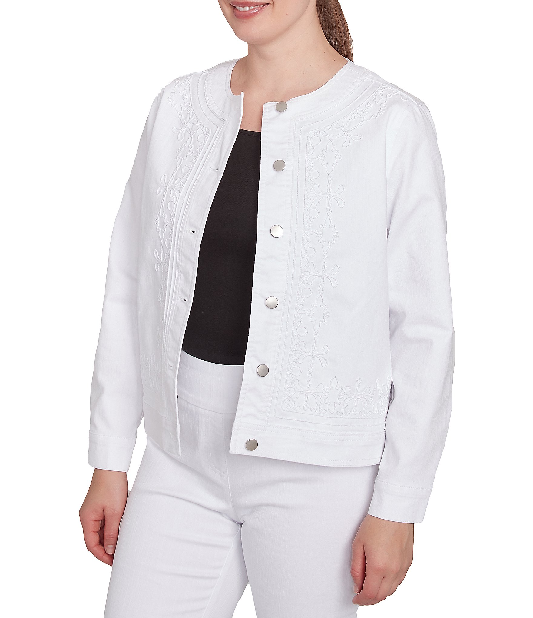 Ruby Rd. Embroidered Round Neck Long Sleeve Button-Front Denim Jacket ...