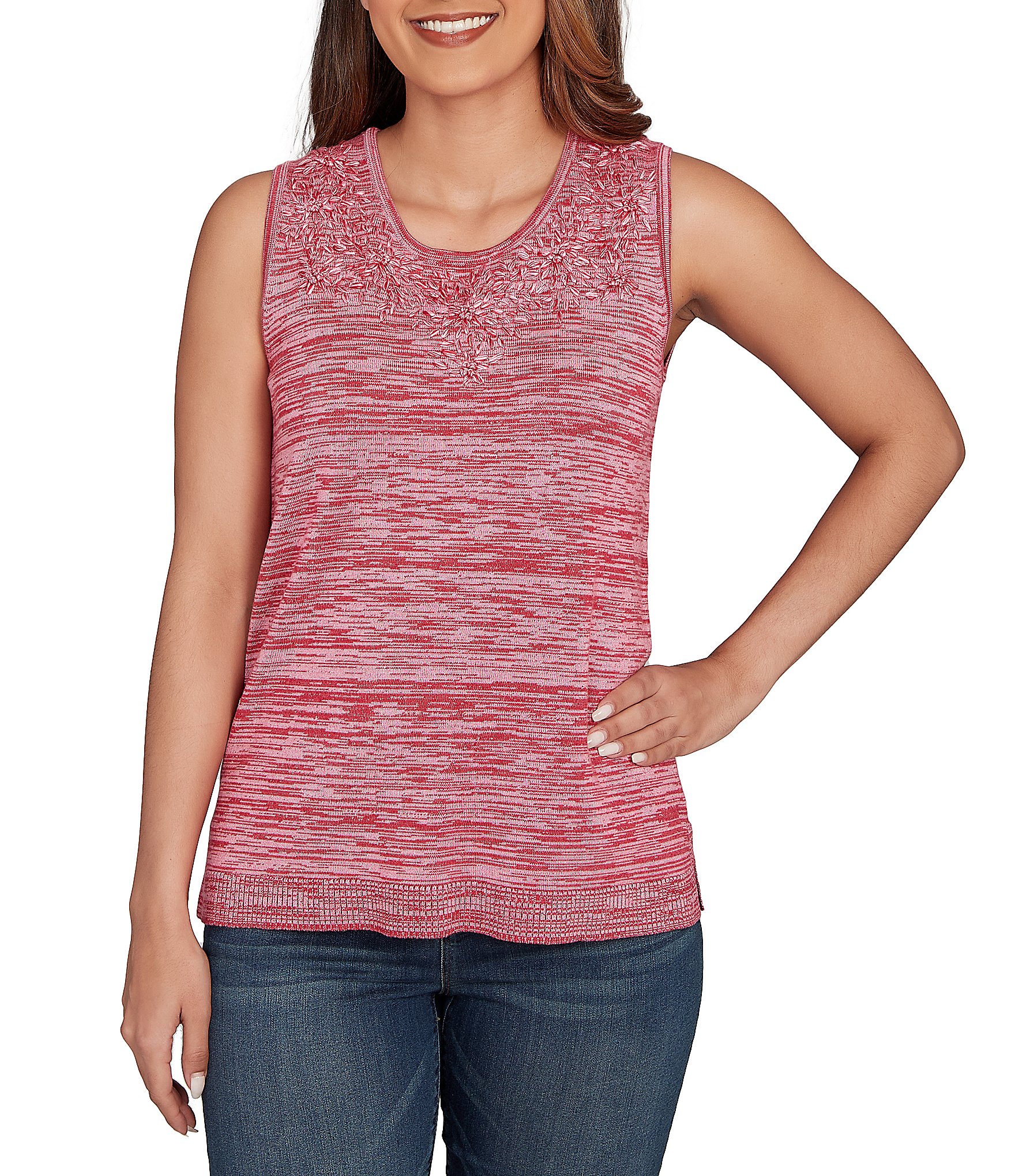 Ruby Rd. Embroidered Soft Marled Knit Scoop Neck Sleeveless Sweater ...