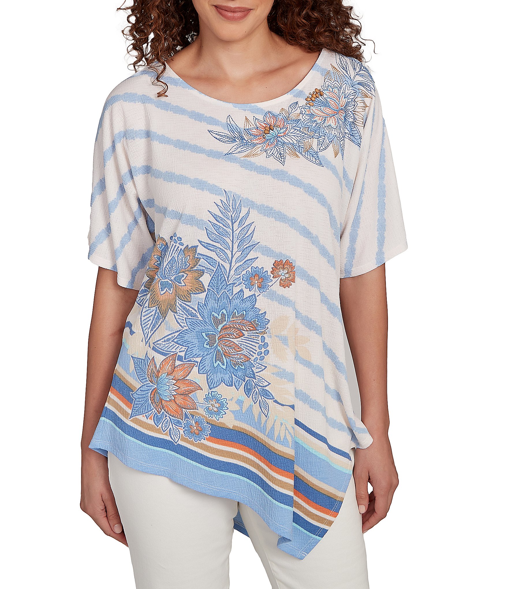 Ruby Rd. Embroidered Stripe Scoop Neck Short Sleeve Asymmetric Hem Knit ...