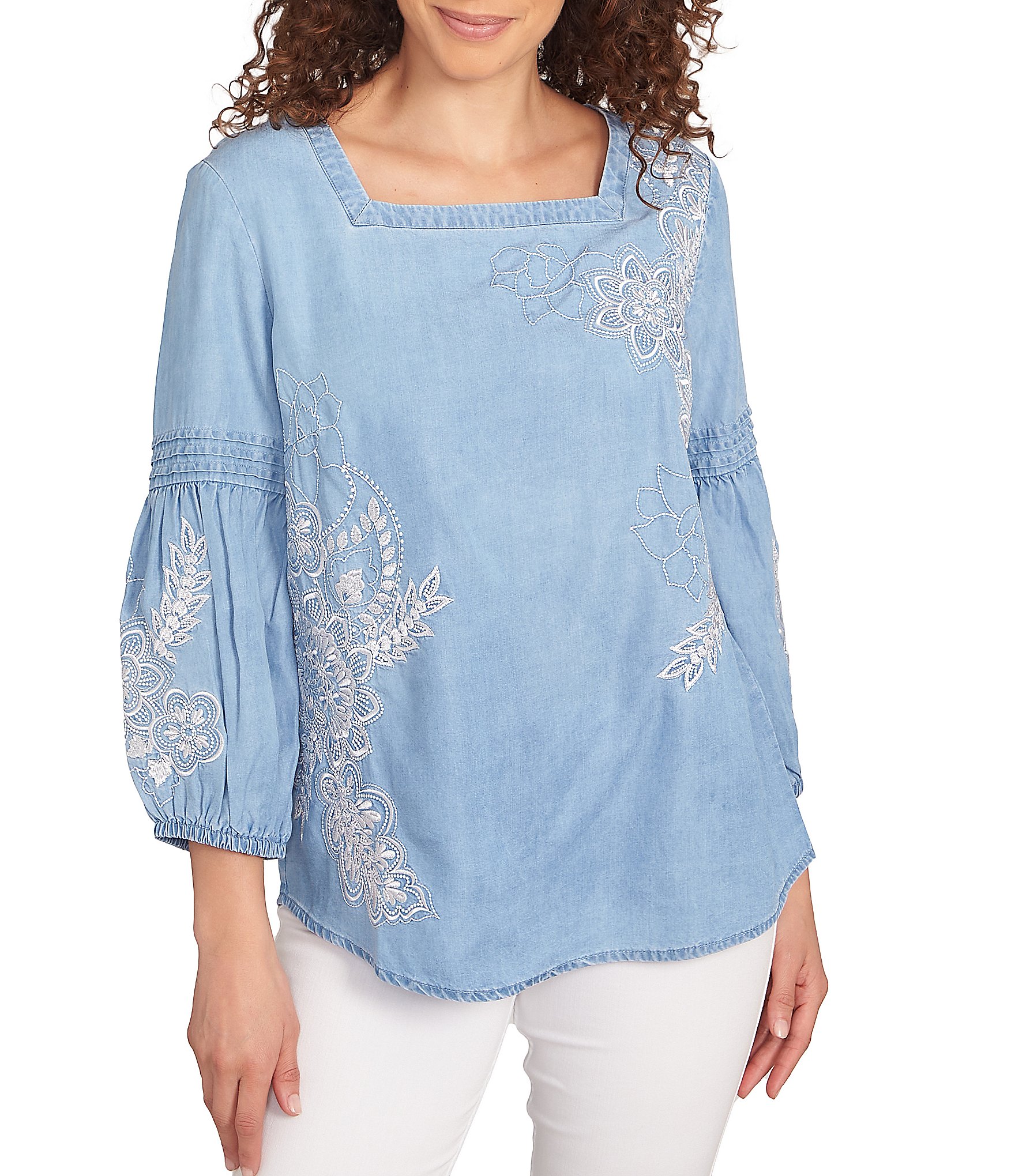 Ruby Rd. Embroidery Floral Square Neck 3/4 Bishop Sleeve Top | Dillard's