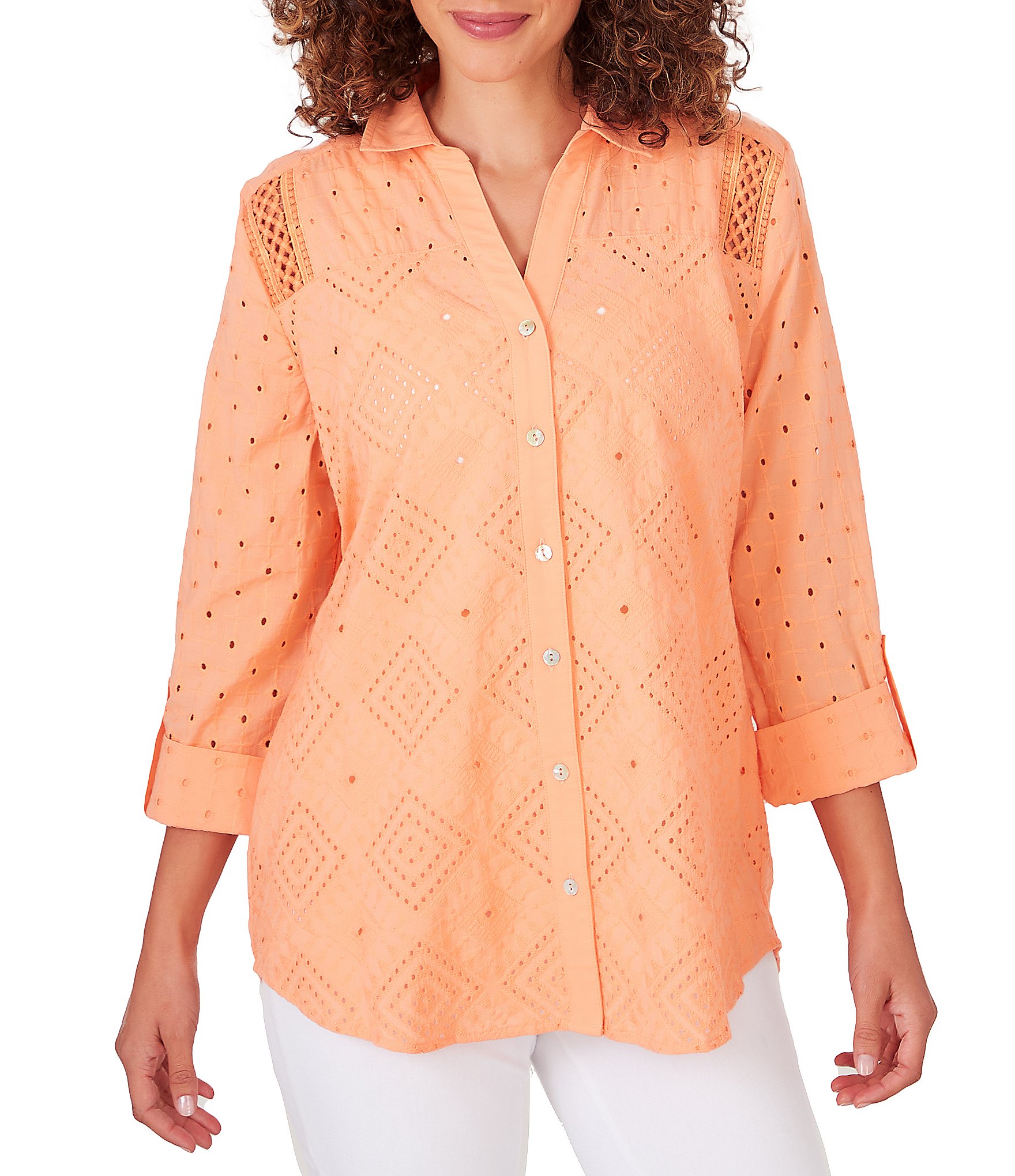 Ruby Rd Eyelet Diamond Woven Point Collar 3 4 Roll Tab Sleeve Button