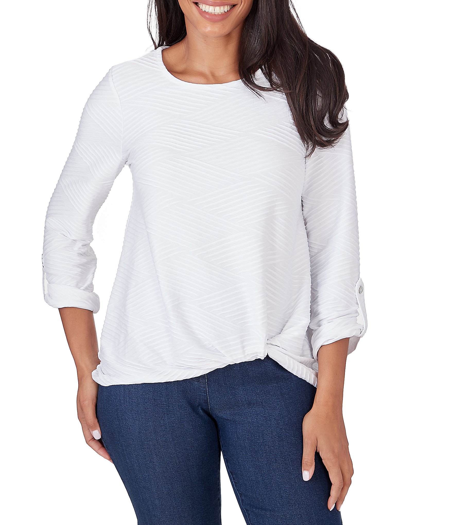 Ruby Rd Honeycomb Knit Crew Neck Gathered Front Hem 3 4 Sleeve Top