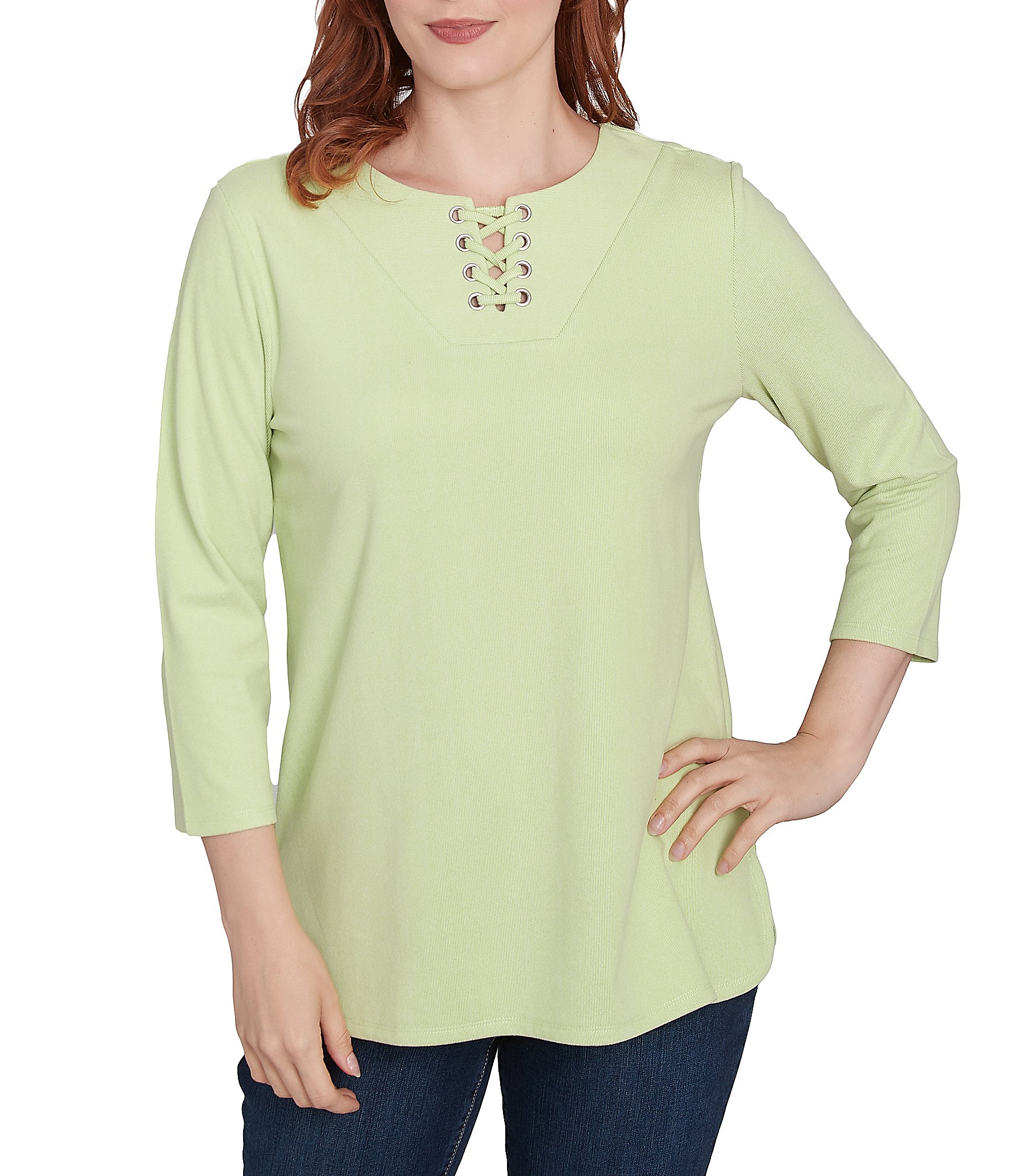 Ruby Rd. Knit 3/4 Sleeve Split V-Neck Lacing Rib Top | Dillard's