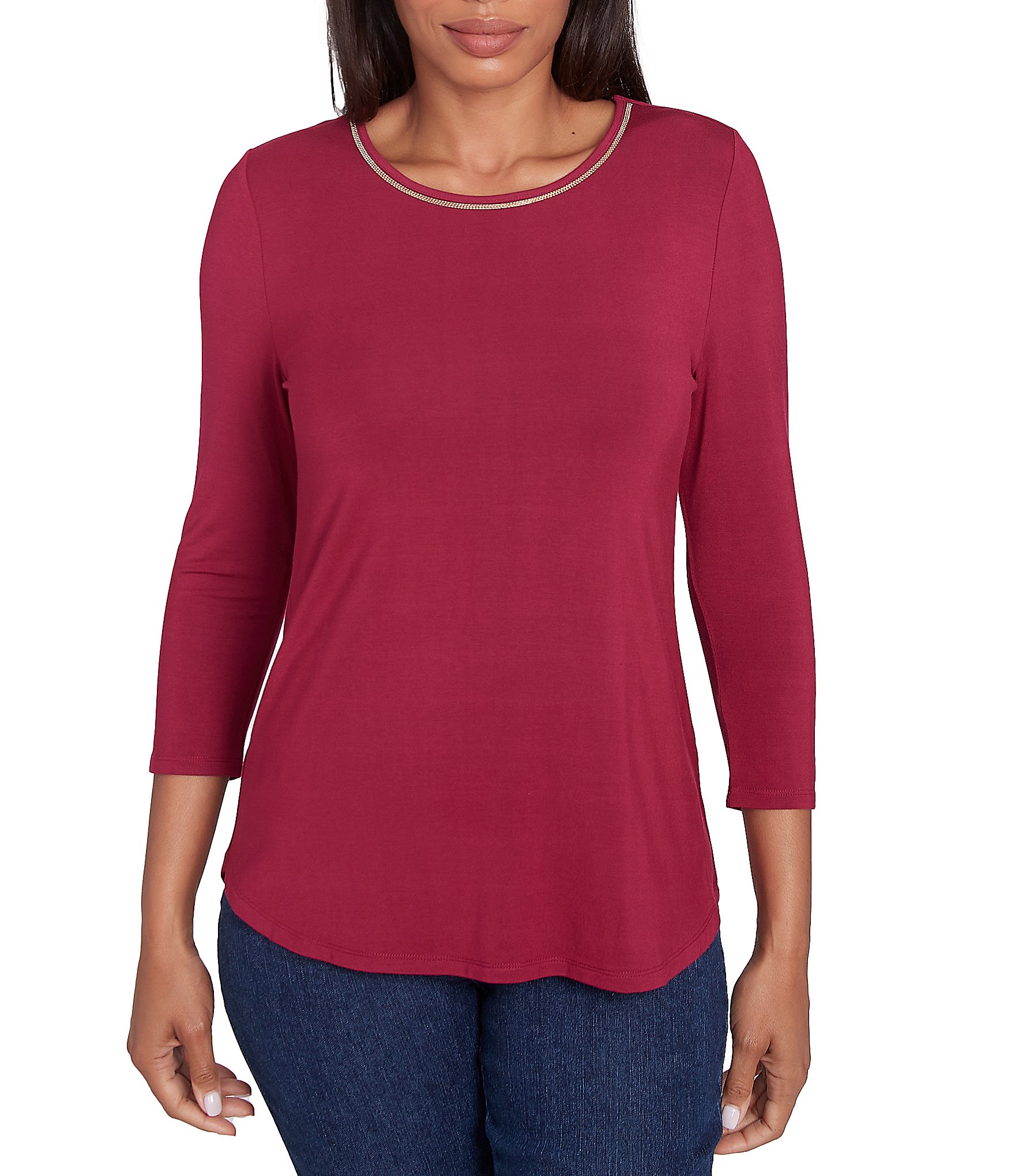 Ruby Rd. Knit Beaded Embellished Scoop Neck 3/4 Sleeve Top | Dillard's