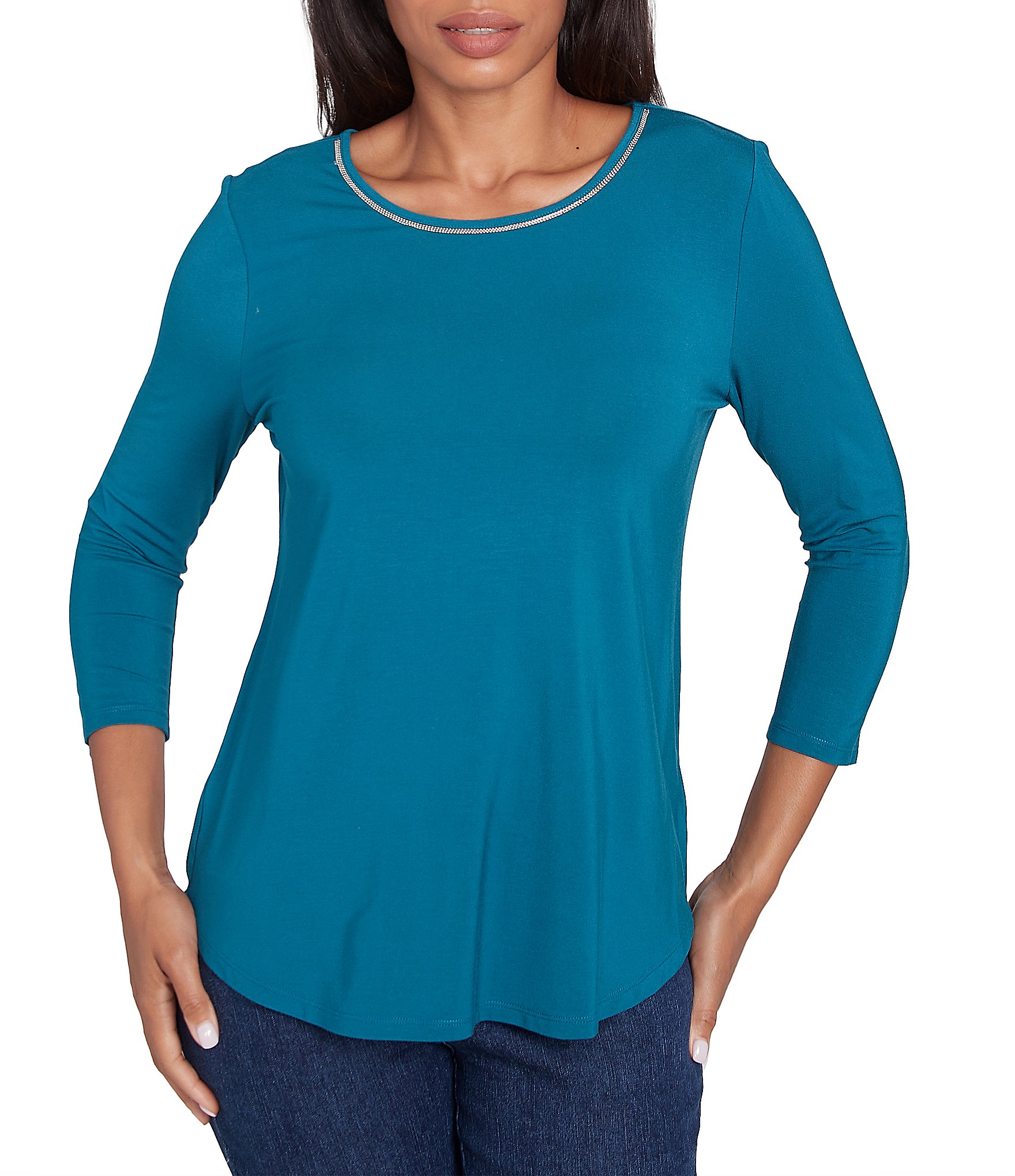 Ruby Rd. Knit Embellished Scoop Neck 3/4 Sleeve Stretch Top | Dillard's