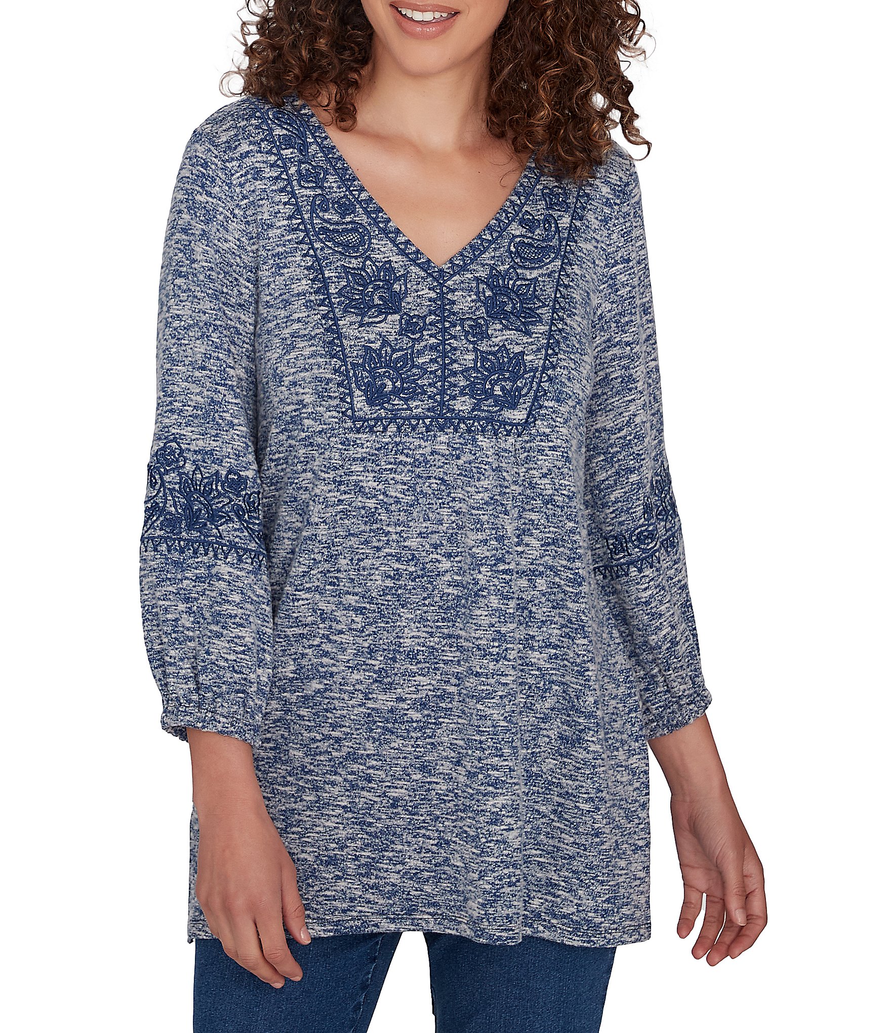 Ruby Rd. Knit Embroidered V-Neck 3/4 Sleeve Side Slit Luxe Top | Dillard's