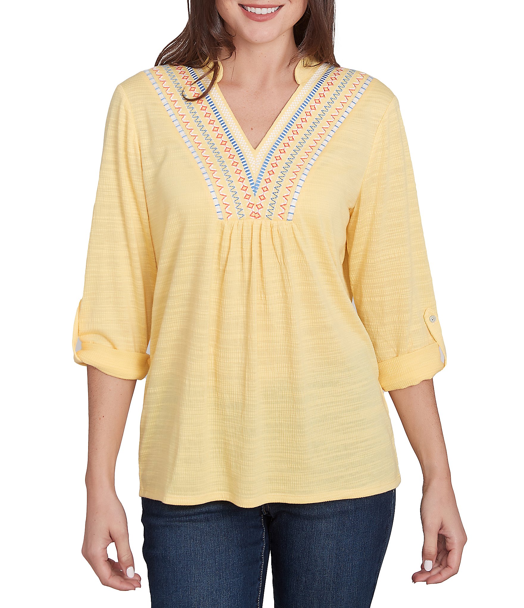Ruby Rd. Knit Embroidery V-Neck 3/4 Roll-Tab Sleeve Top | Dillard's