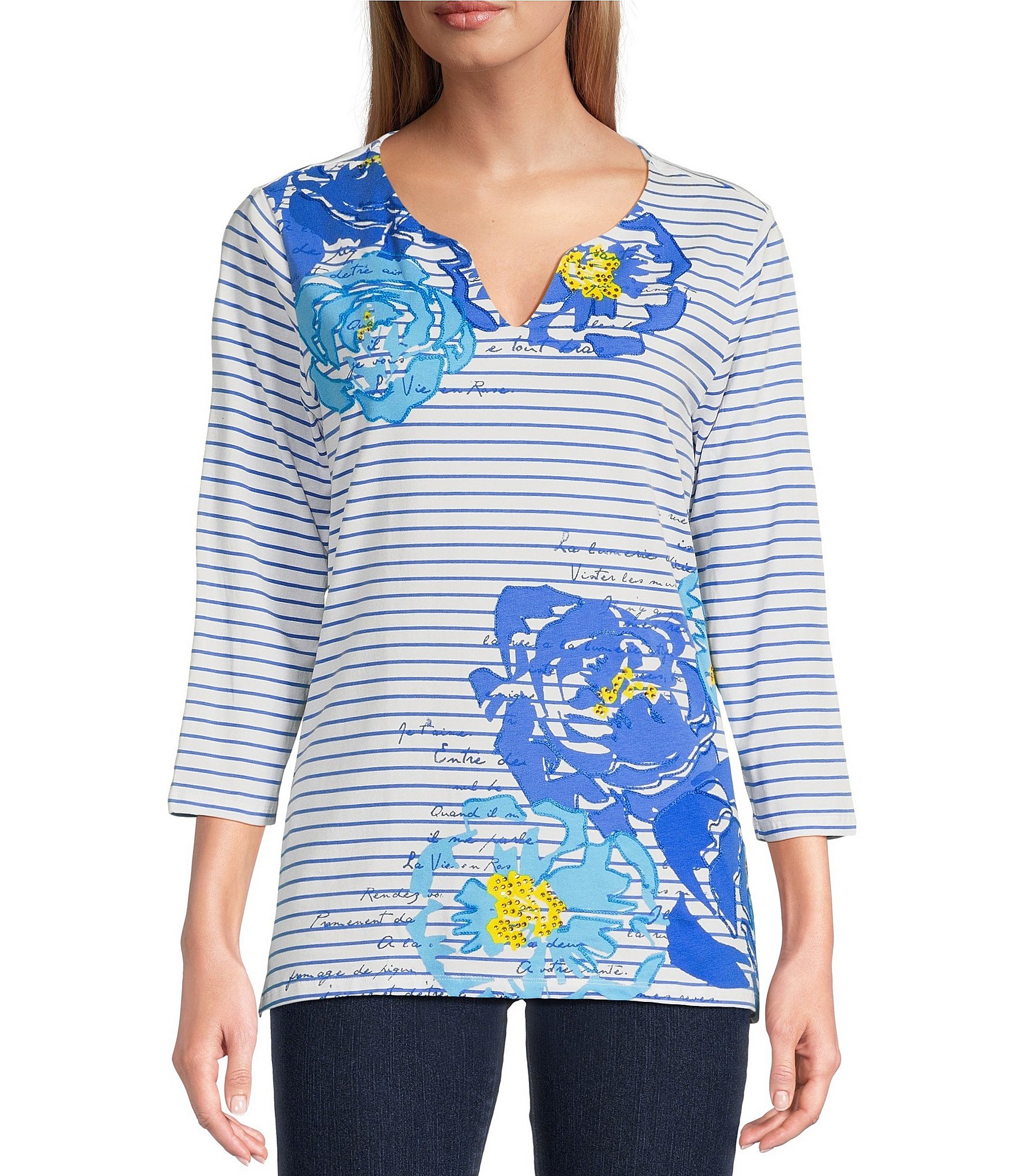Ruby Rd. Knit Floral Embroidered Split Neck 3/4 Sleeve Top | Dillard's