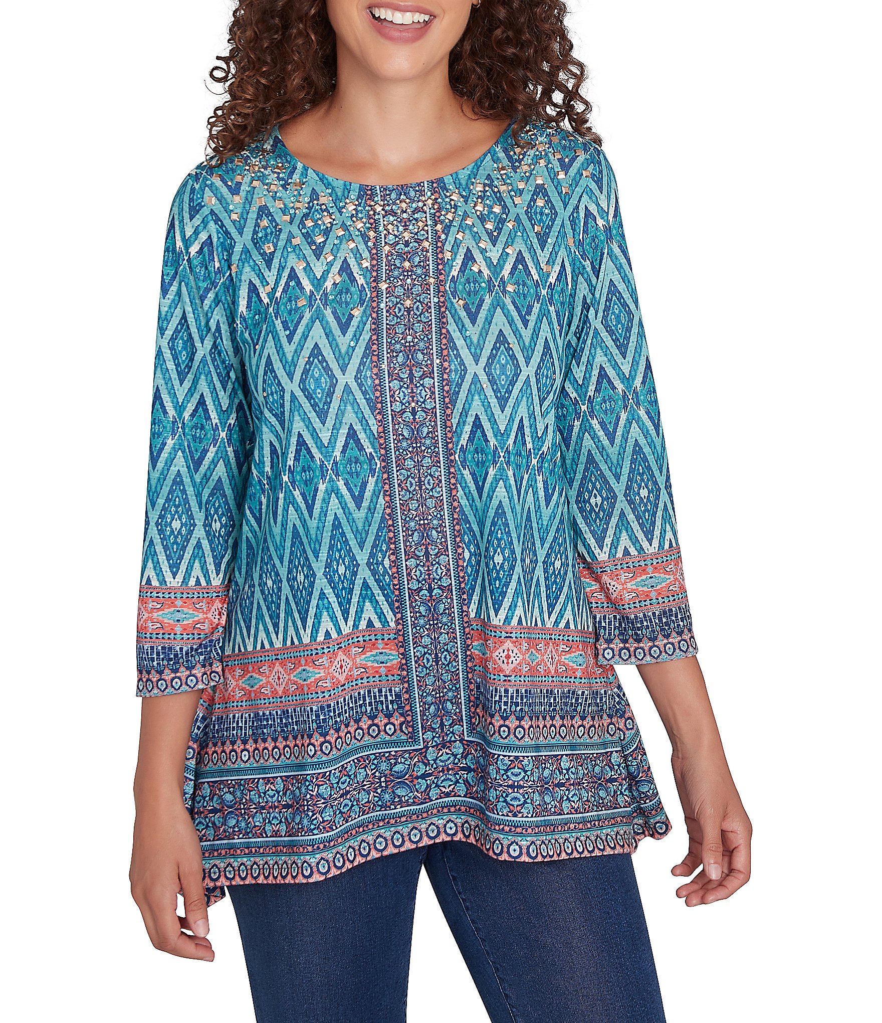 Ruby Rd. Knit Mix Pattern Embellished Scoop Neck 3/4 Sleeve Shark-Bite ...