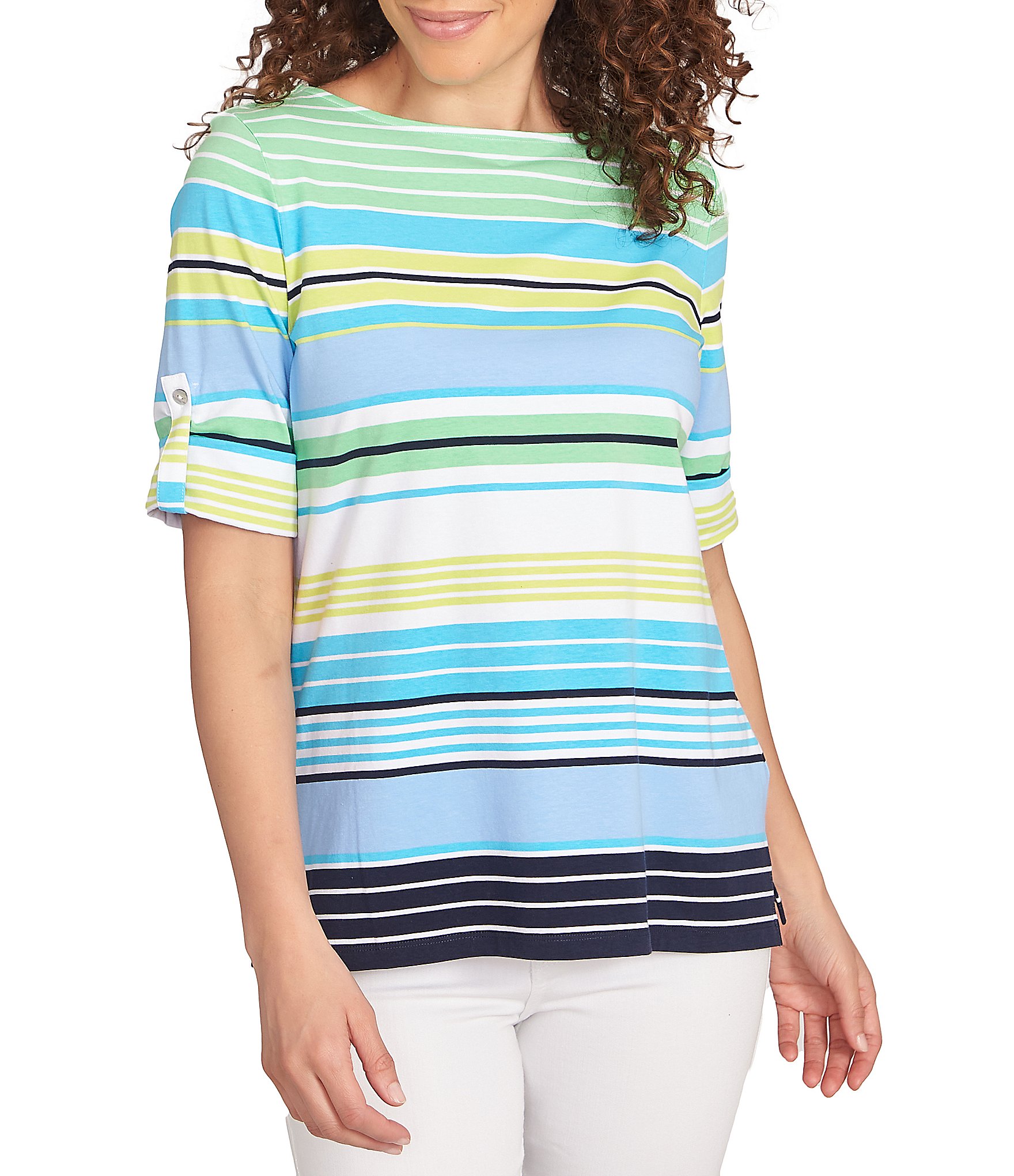 Ruby Rd. Knit Multi Stripe Boat Neck Short Roll-Tab Sleeve Top | Dillard's