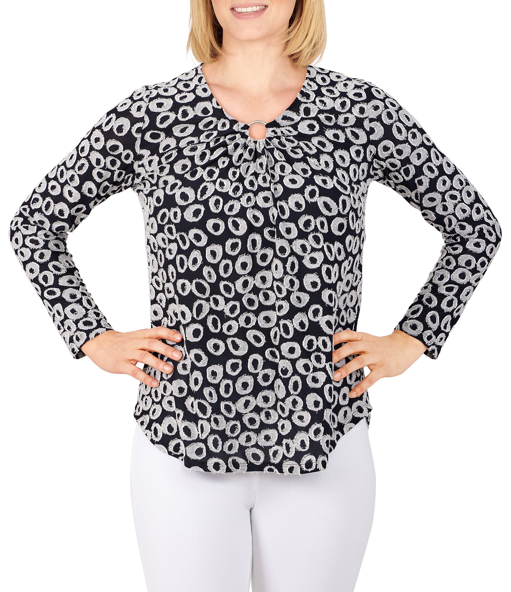 Ruby Rd. Knit O-Ring V-Neck Long Sleeve Printed Top | Dillard's