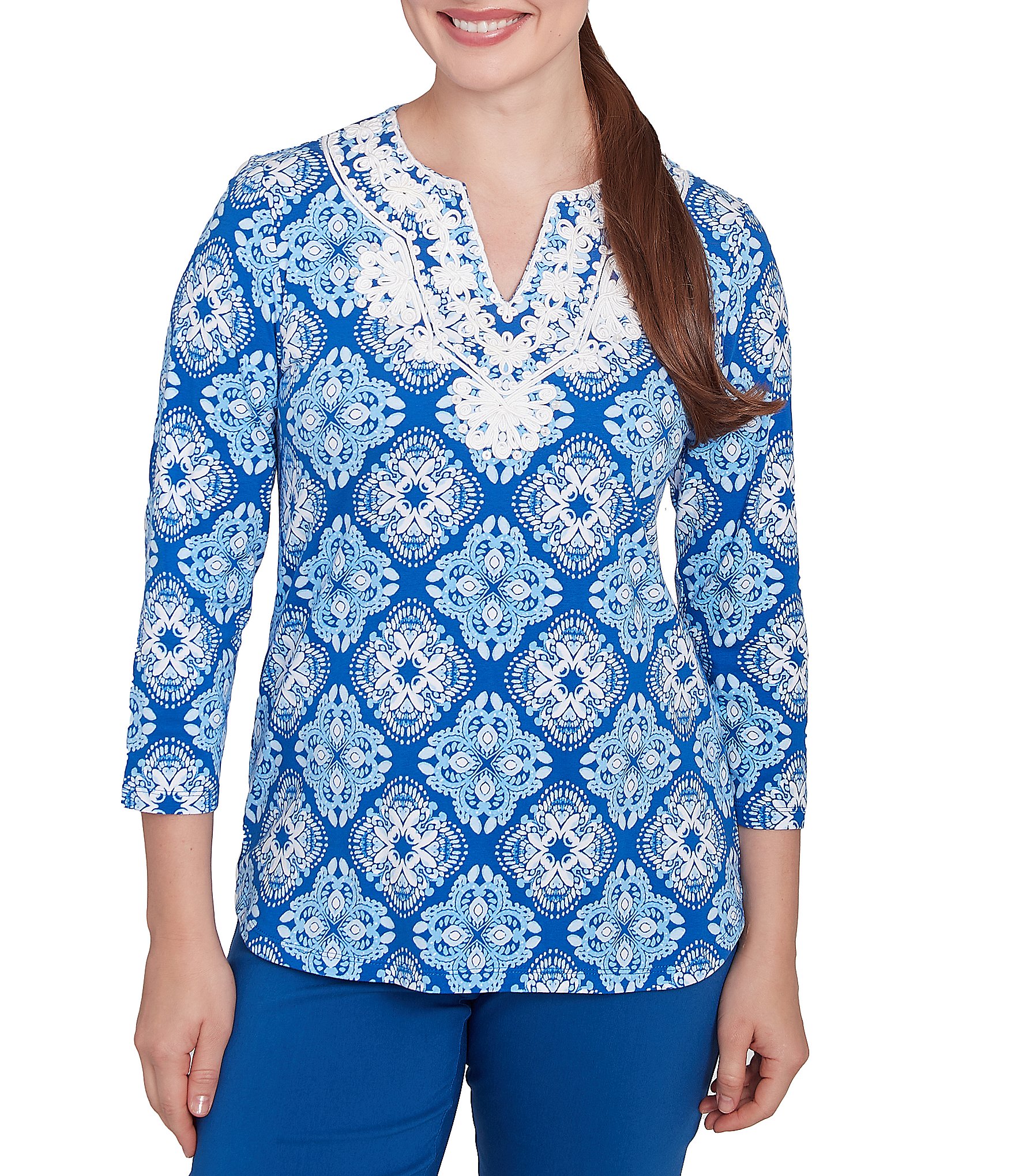 Ruby Rd. Knit Printed Round Split V-Neck 3/4 Sleeve Top | Dillard's