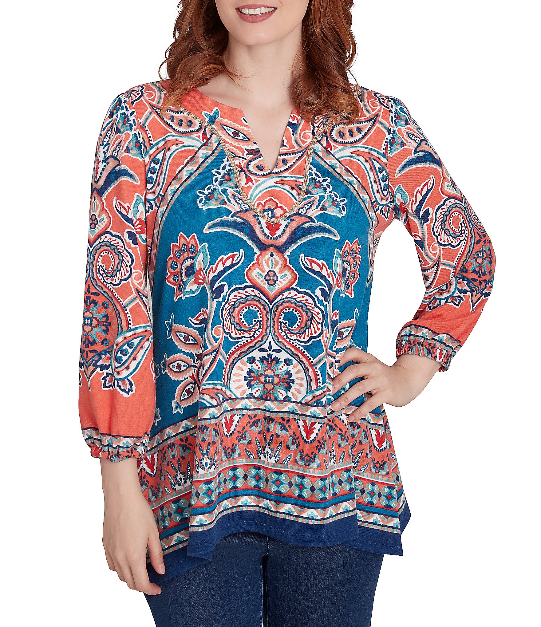 Ruby Rd. Knit Printed Split V-Neck 3/4 Sleeve Shark-Bite Hem Top | Dillard's