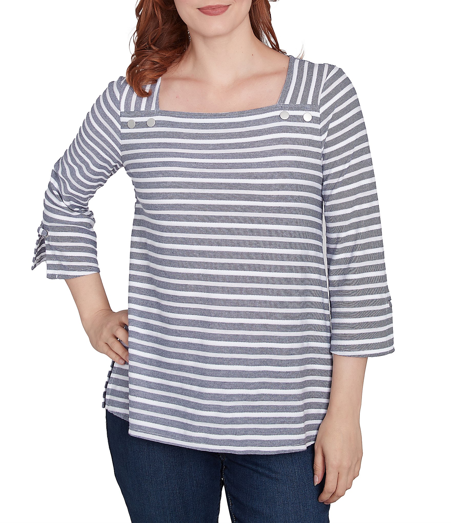 Ruby Rd. Ribbon Stripe Print Knit Square Button Trim Detail Neck 3/4 ...