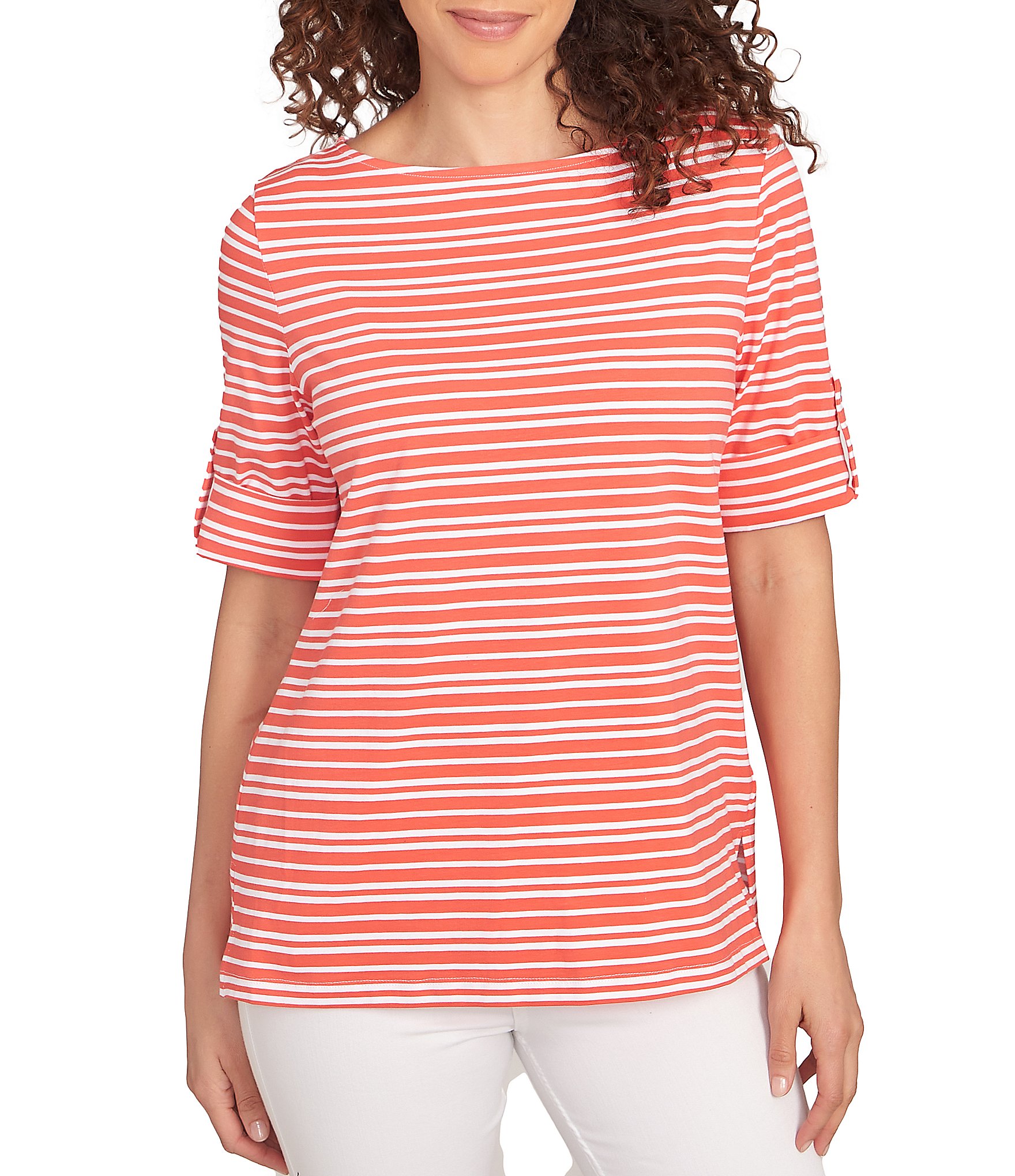 Ruby Rd. Knit Stripe Boat Neck Short Roll-Tab Sleeve Top | Dillard's