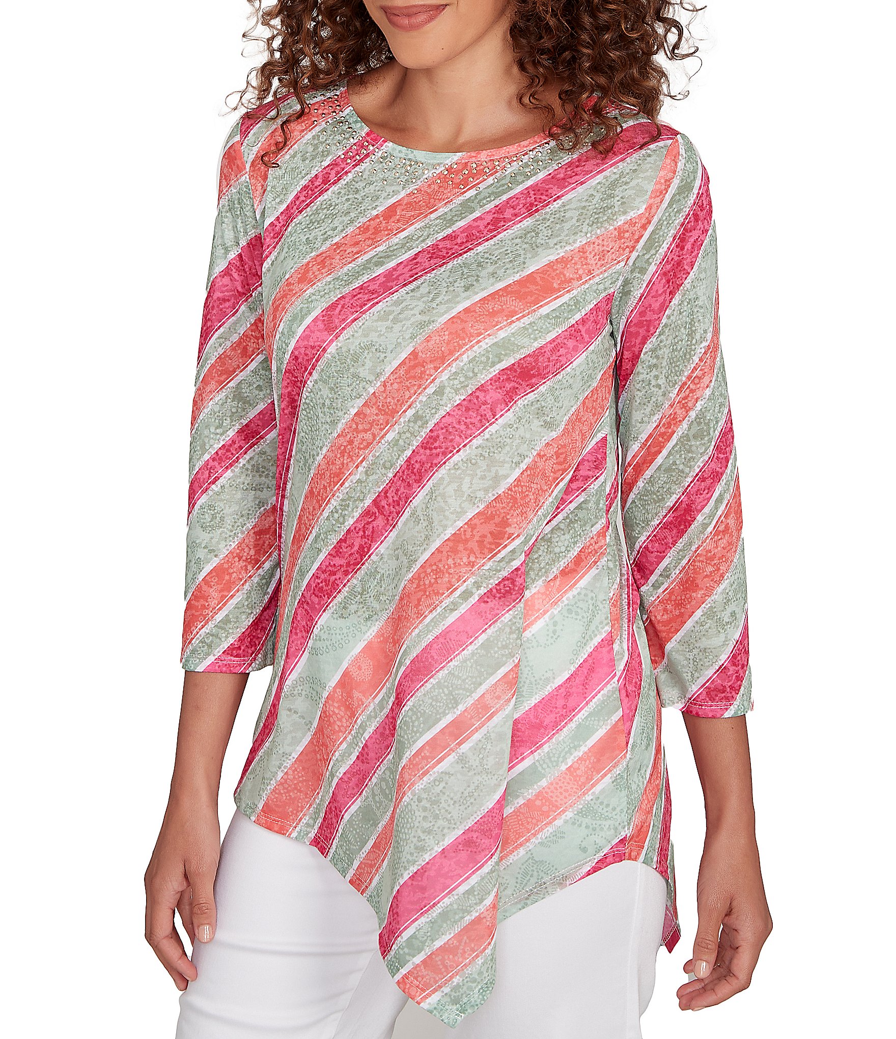 Ruby Rd. Knit Stripe Crew Neck 3/4 Sleeve Asymmetric Hem Top | Dillard's