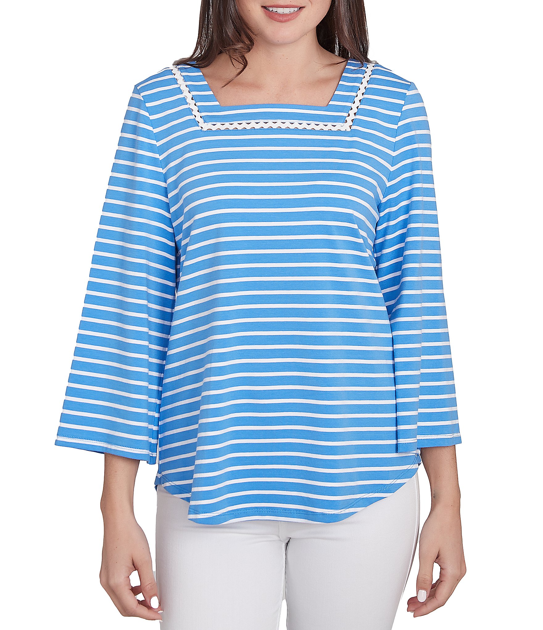 Ruby Rd. Knit Stripe Trim Square Neck 3/4 Bell Sleeve Top | Dillard's