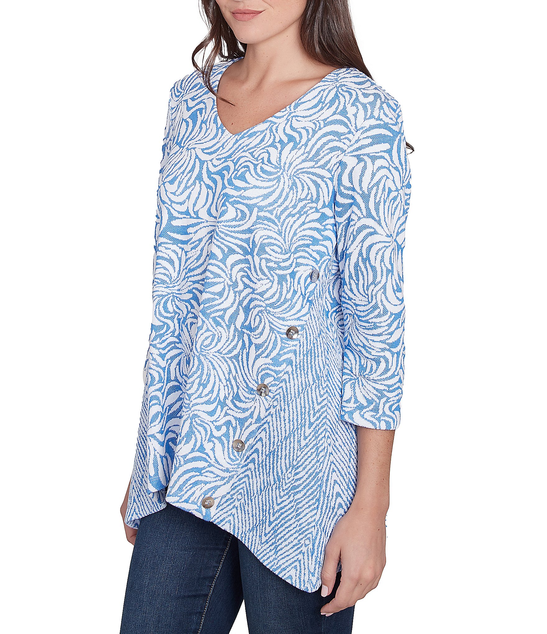 Ruby Rd. Knit Swirl Jacquard V-Neck 3/4 Sleeve Top | Dillard's