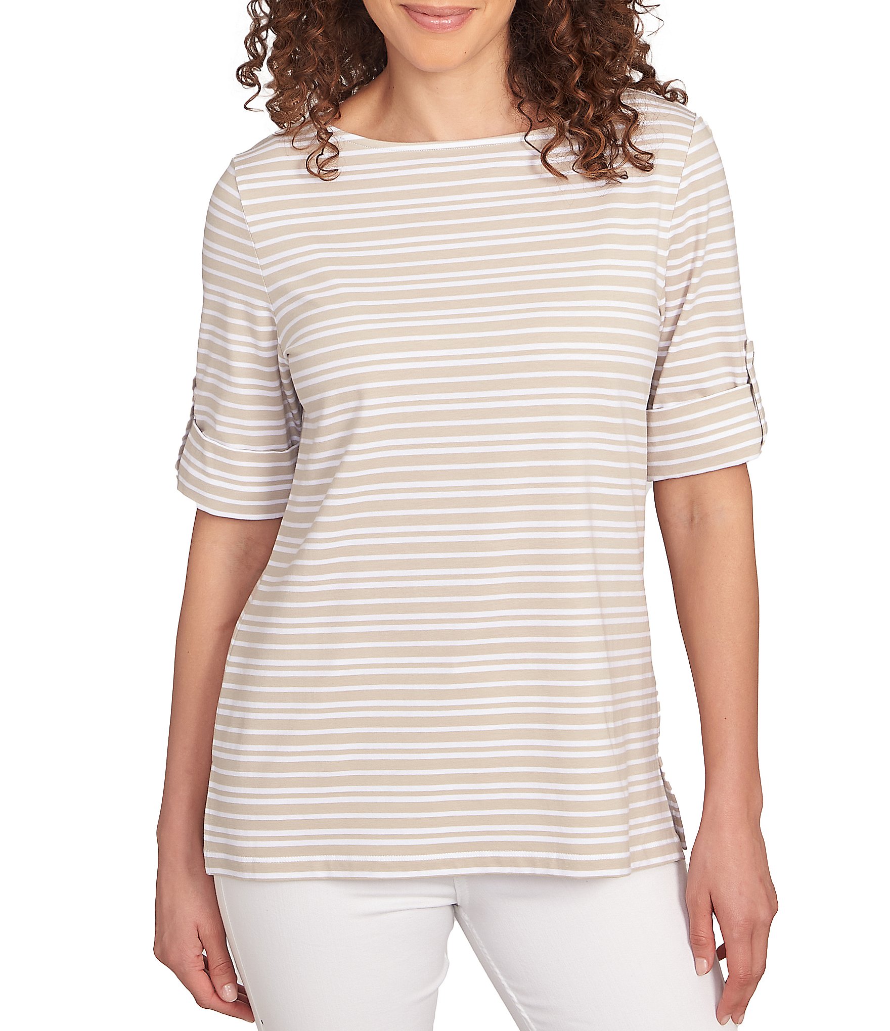 Ruby Rd. Knit Variegated Stripe Boat Neck Short Roll-Tab Sleeve Top ...