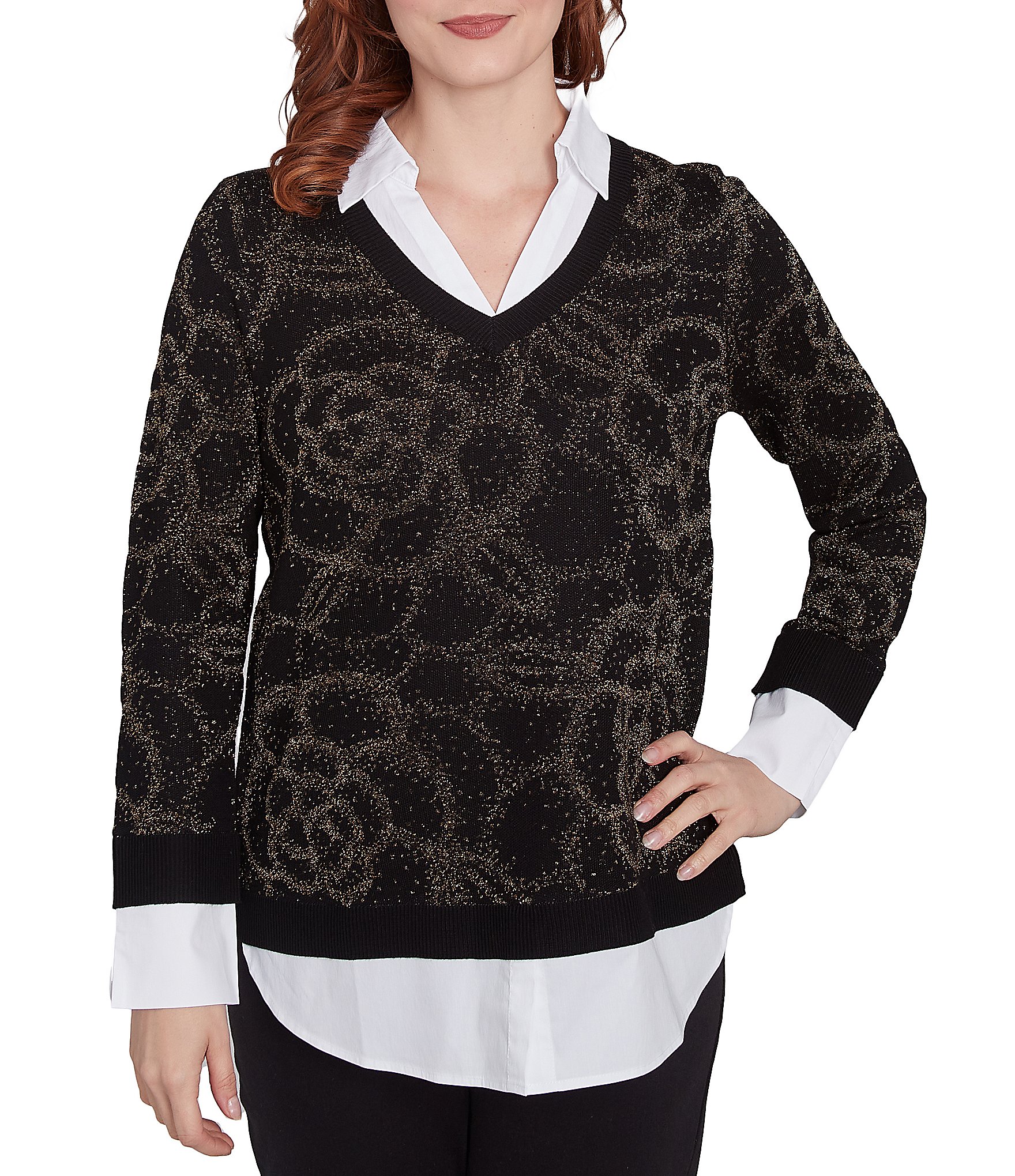 Ruby Rd. Mixed Media Metallic Floral Jacquard Collared Long Sleeve ...