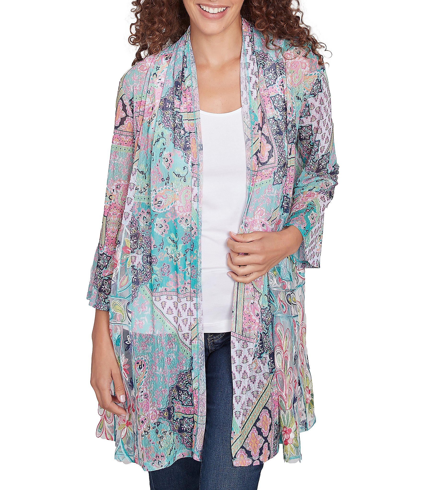 Ruby Rd. Paisley Patchwork Embroidered 3/4 Sleeve Open-Front Flowy ...