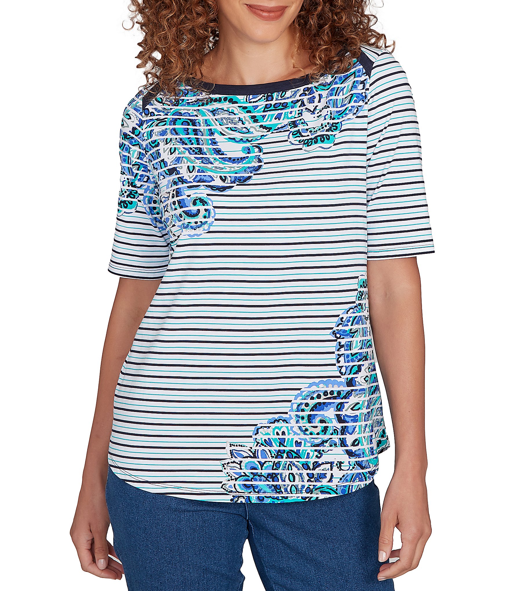 Ruby Rd. Paisley Stripe Envelope Neck Short Sleeve Top | Dillard's
