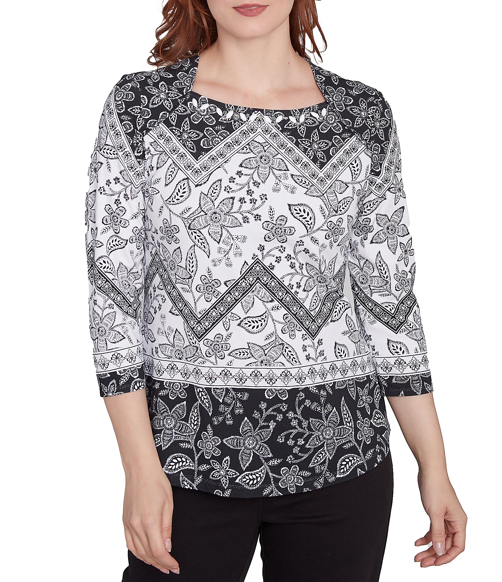 Ruby Rd. Petite Size Cotton Mixed Print Square Neck 3/4 Sleeve Top ...